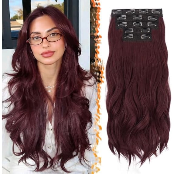 Dark Burgundy Clip in Hair Extensions - 20 Inch Loose Wavy Clip in Hair ...