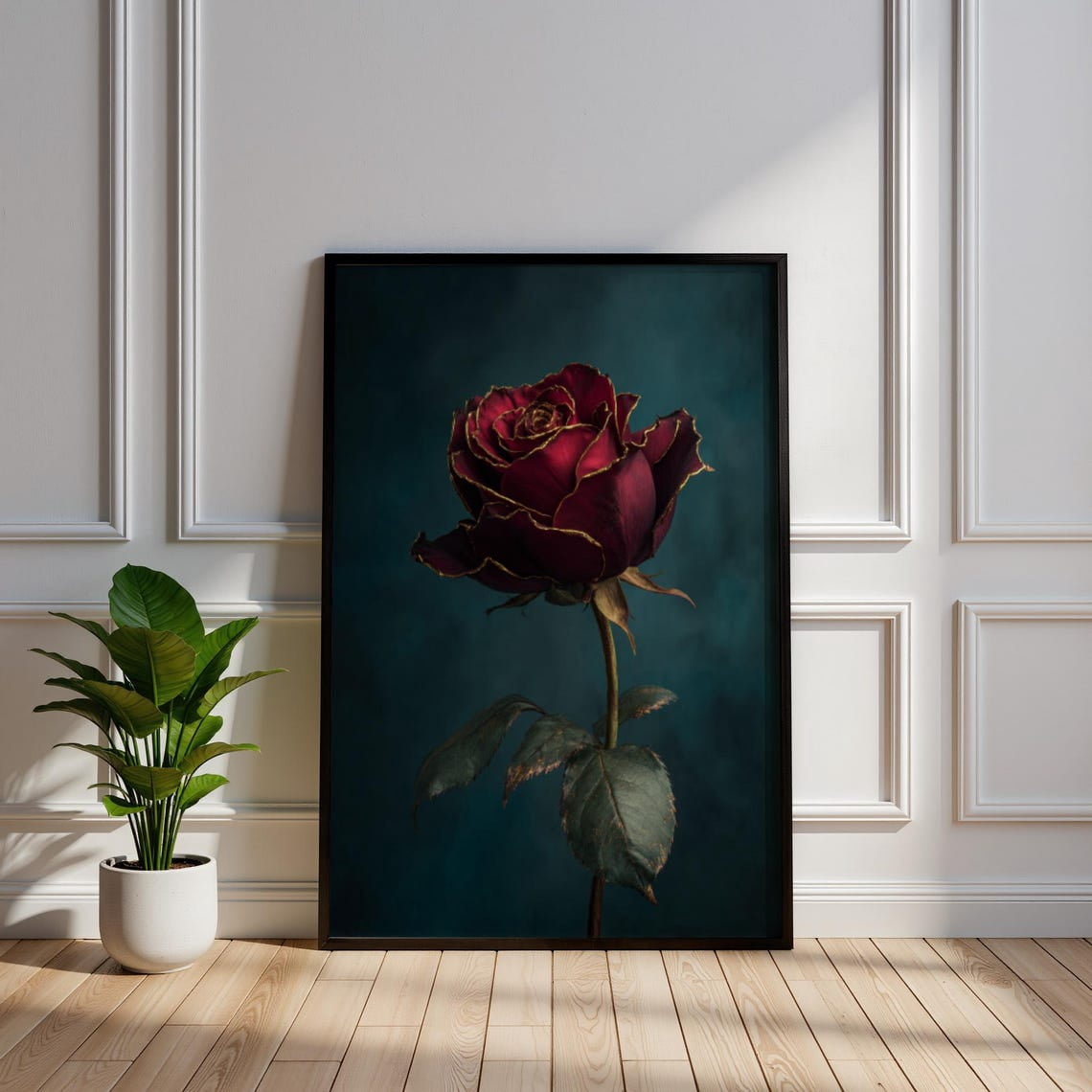 Dark Burgundy Rose Gold Edged Floral Gothic Botanical Moody Red Flower ...
