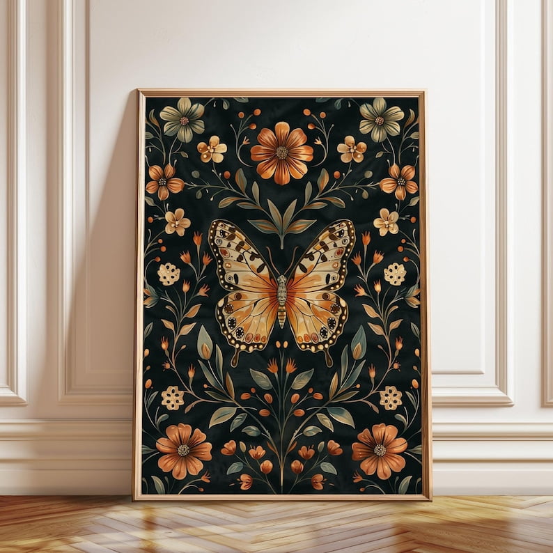 Dark Butterfly And Floral Wall Art - Midnight Botanical Illustration ...