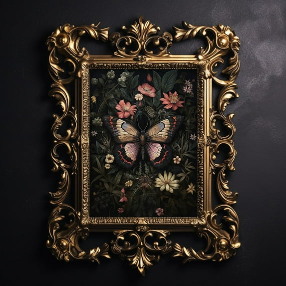 Dark Butterfly In Pink Flower Garden, Moody Moth Print, Botanical Print ...