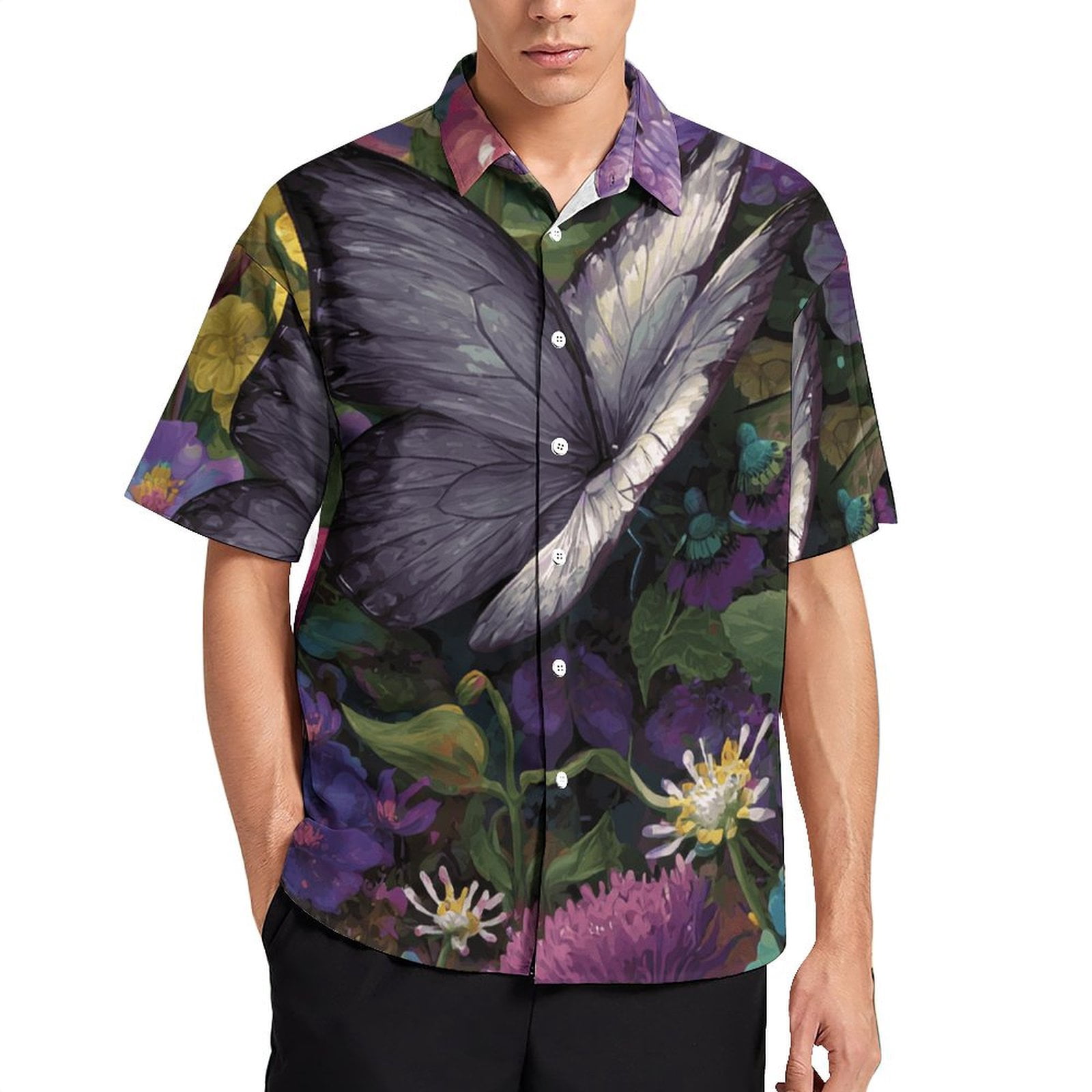 Dark Butterfly Vibrant Floral Garden Dream Men's Shirt Short Sleeves ...