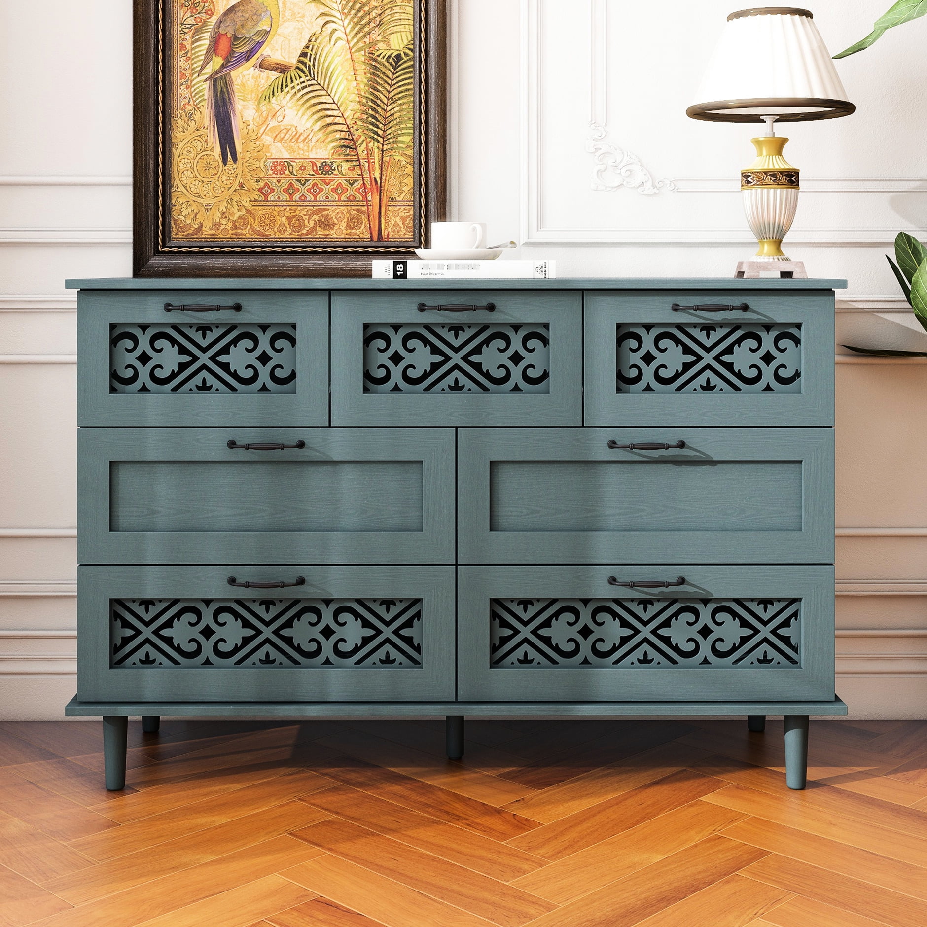 Dark Cabinet For Various Spaces, 7 Drawers With Symmetrical Pattern ...