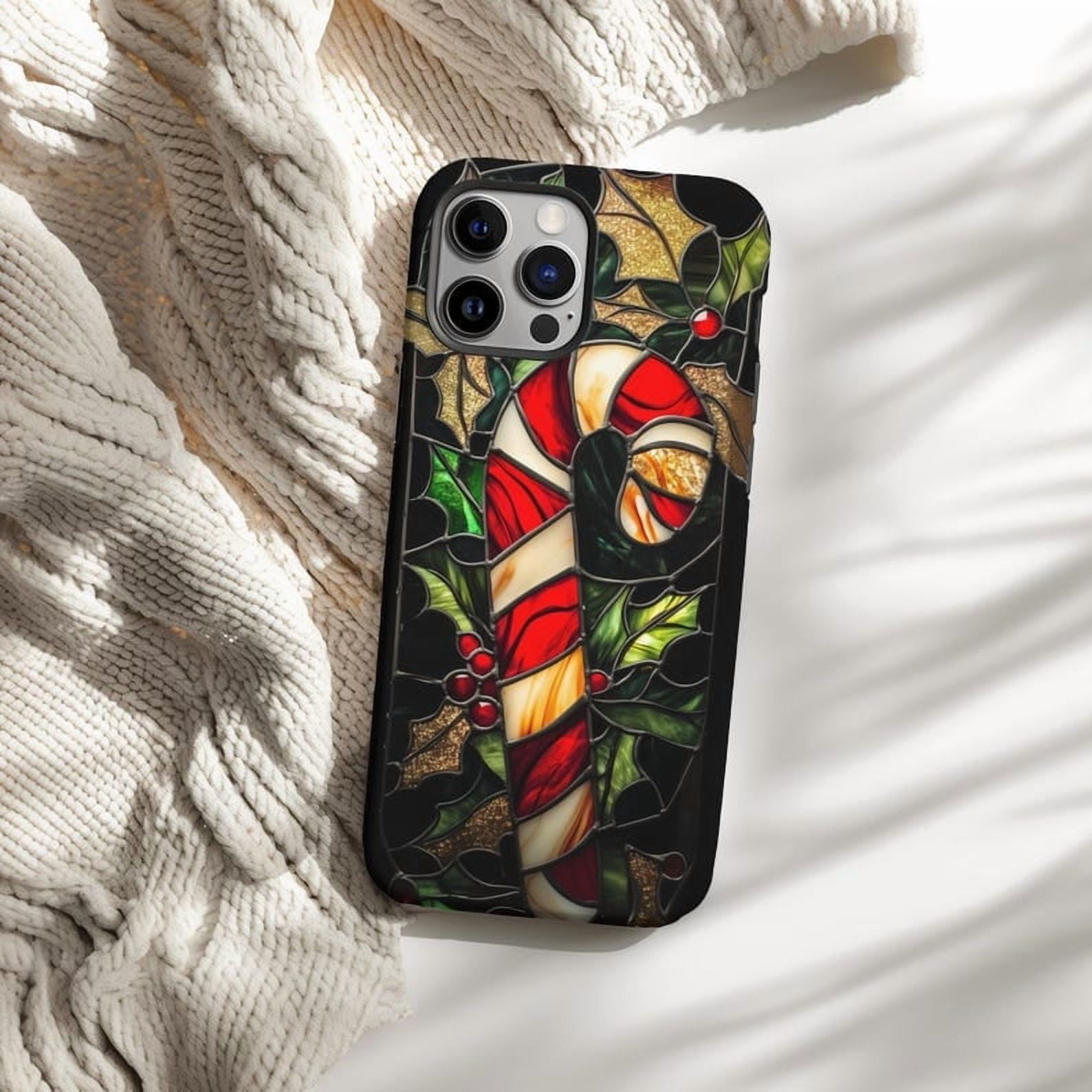 Dark Candy Cane Holly Stained Glass Xmas Phone Case for iPhone 11 12 13 ...