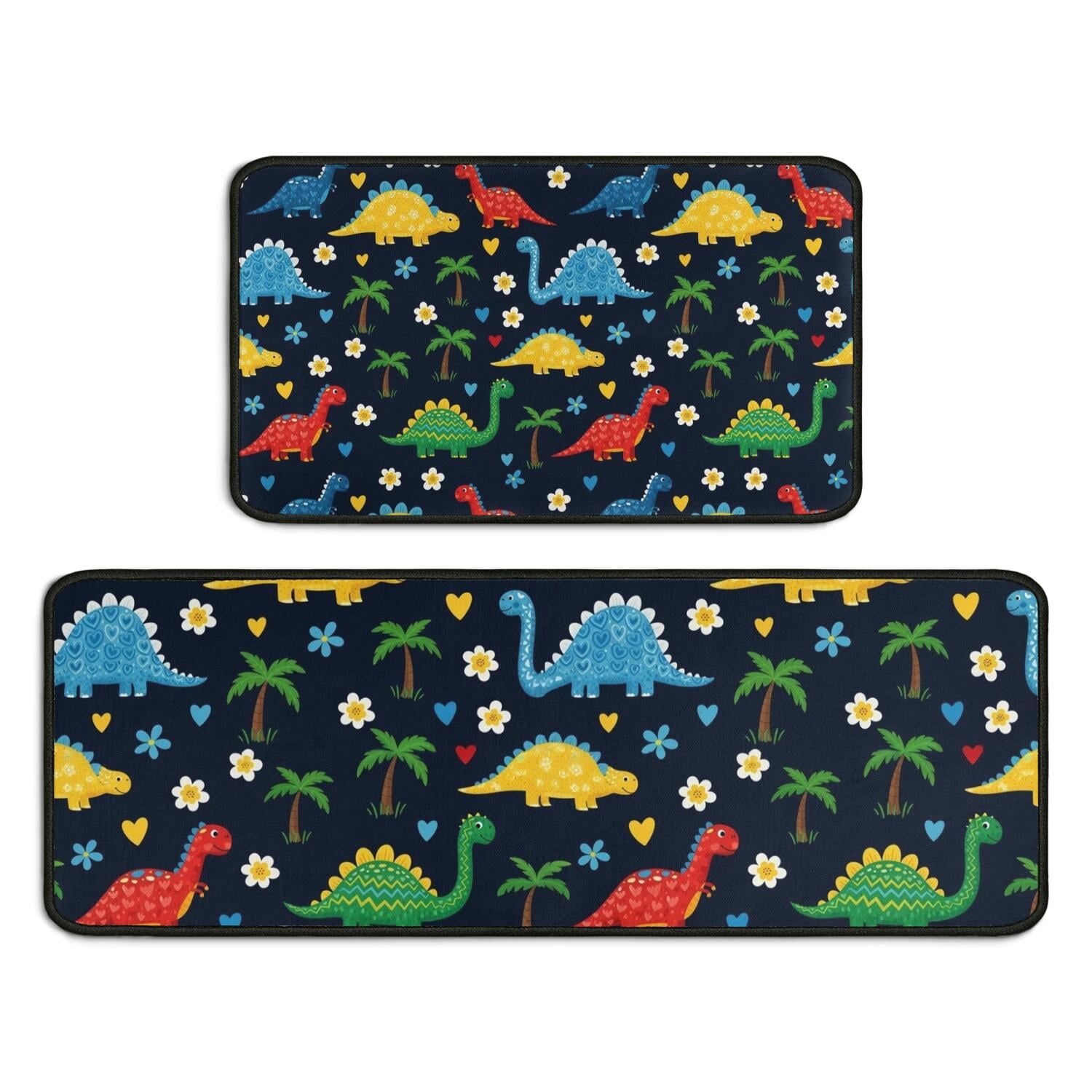 Dark Cartoon Dinosaurs Flowers Hearts Palm Trees Pattern Kitchen Rugs ...