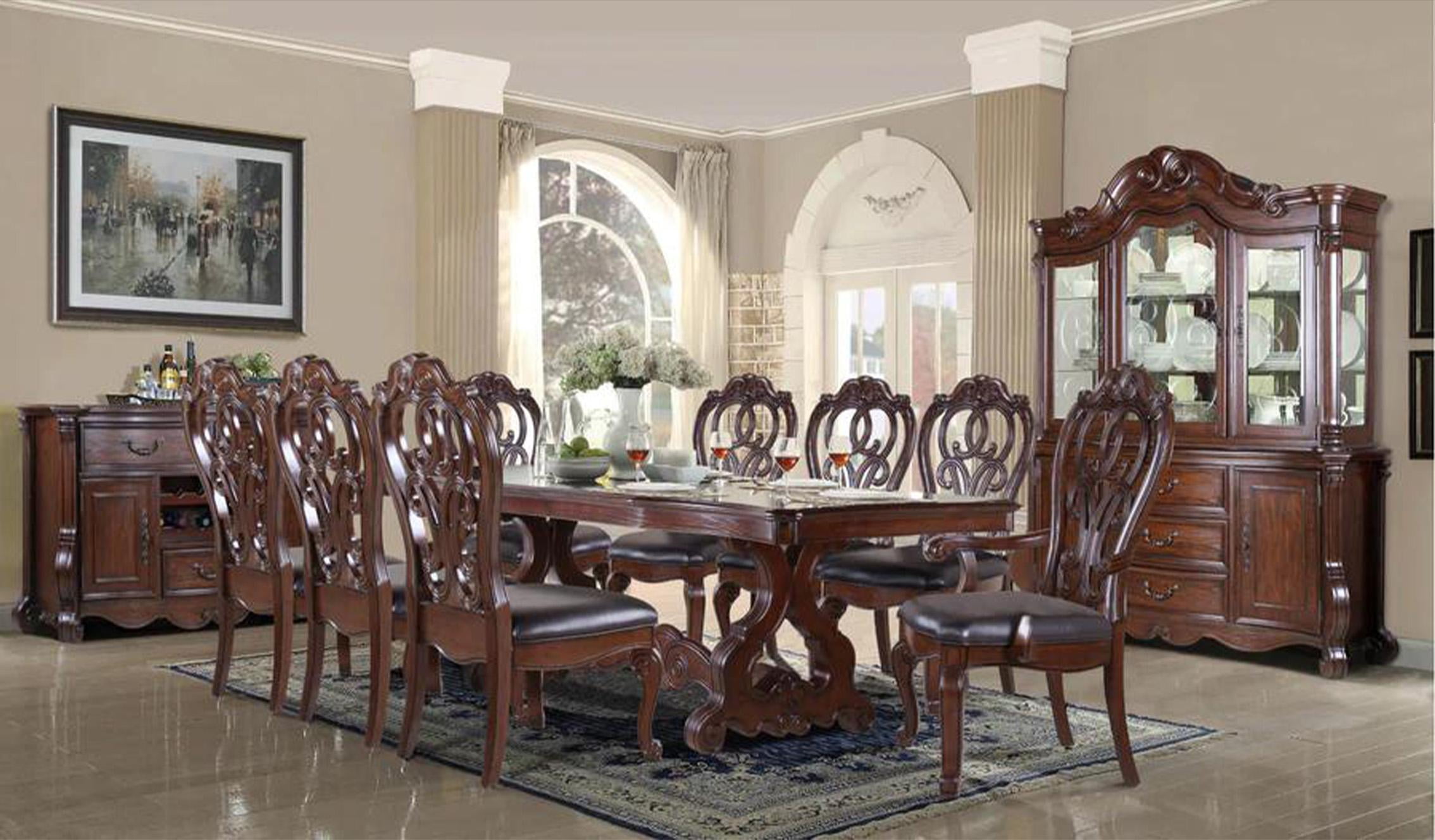 Dark Cherry Carved Wood Dining Table Set 7Pcs McFerran D528 Traditional ...