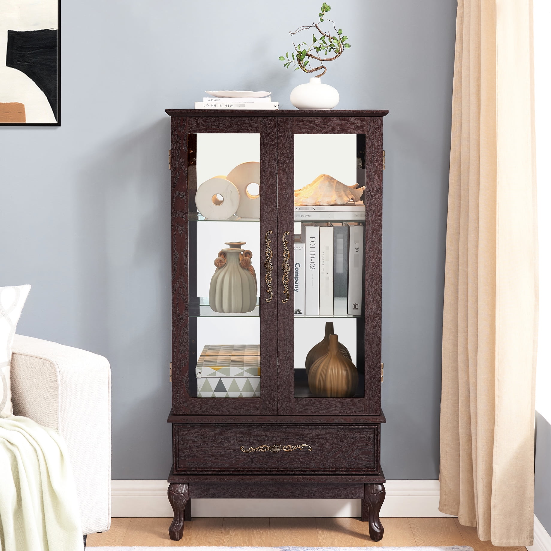 Dark Cherry Curio Cabinet, Adjustable Shelf Layouts, 2 Doors, 1 Drawer, Lighted, Vintage Metal ...