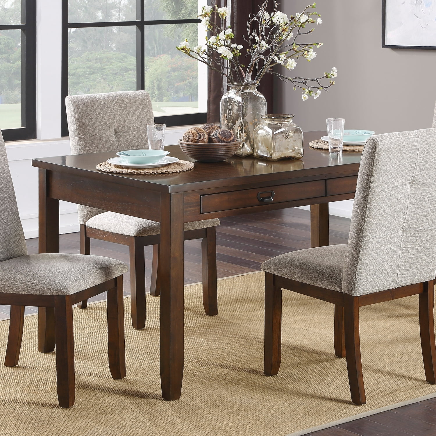 Dark Cherry Finish 5pc Dining Set Table and 4 Side Chair Chenille ...