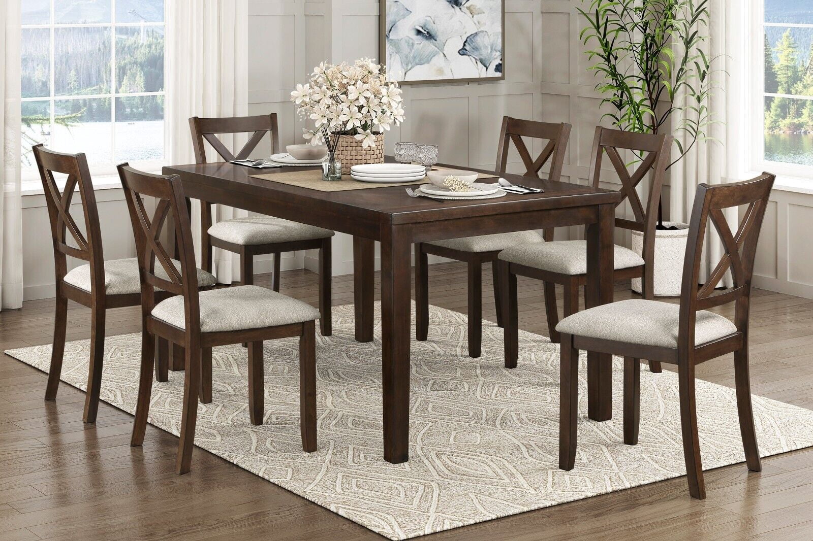 Dark Cherry Finish 7pc Dining Set Table and 6 Side Chairs Beige Favric ...