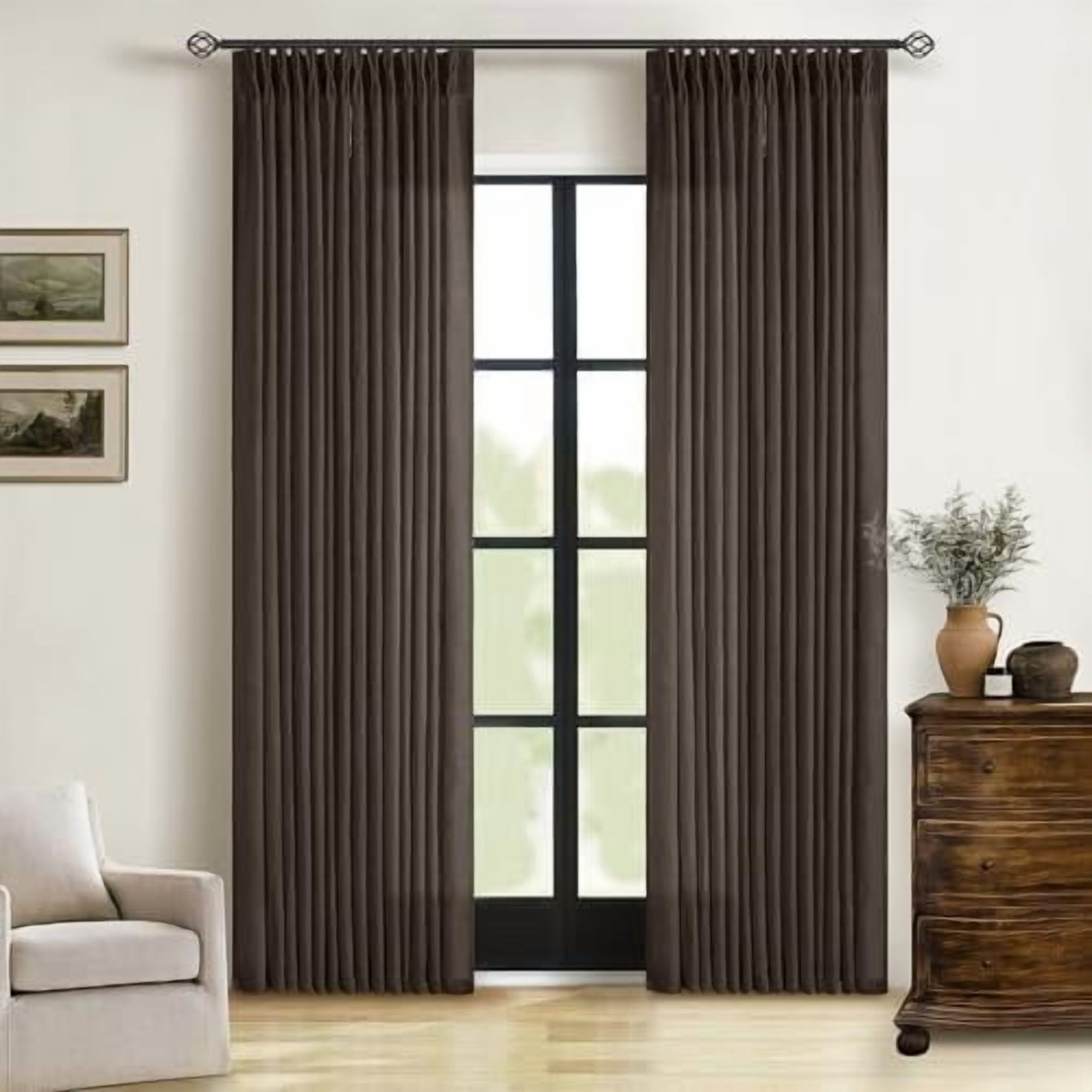 Dark Chocolate 80 Inch Pinch Pleated Linen Curtains 2 Panels for Living ...