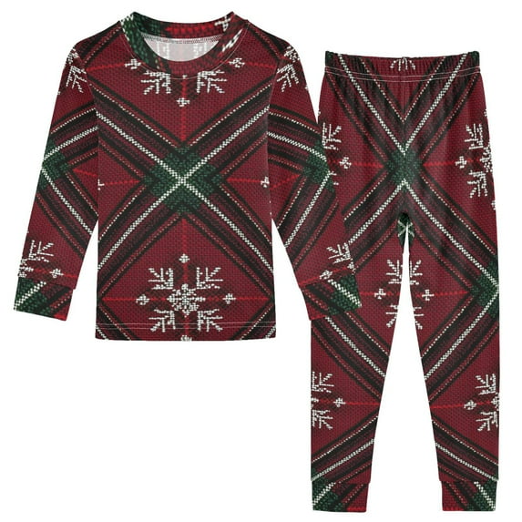 Dark Christmas Red Plaids Green Lines Snowflakes Cotton Pajama Set Long ...