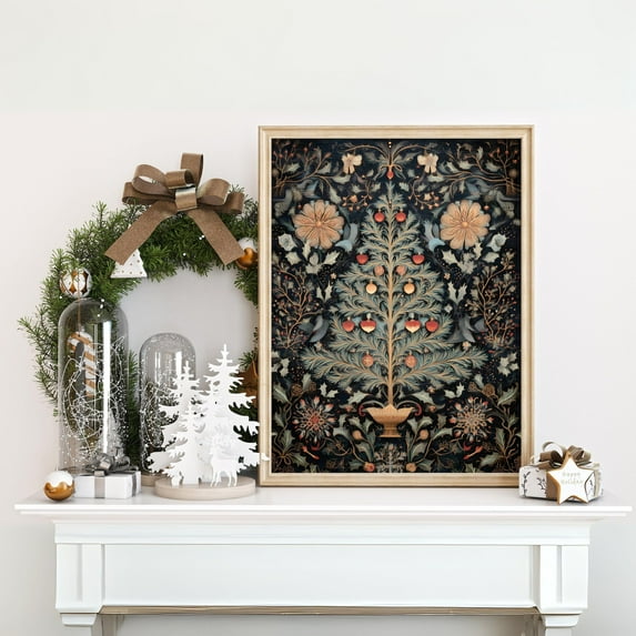 Dark Christmas Tree Print, William Morris Winter Botanical Art, Farmhouse Christmas Evergreen ...