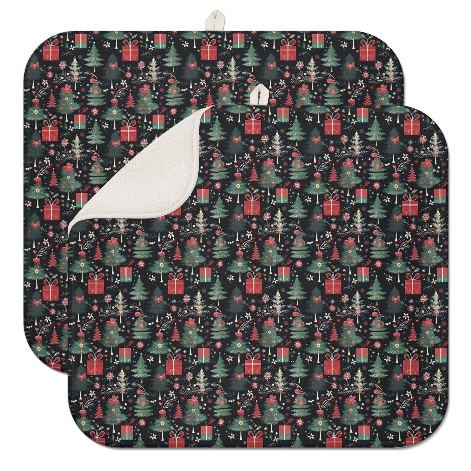 Dark Christmas Tree and Gift Pattern Dish Drying Mat for Kitchen 1 Pack ...