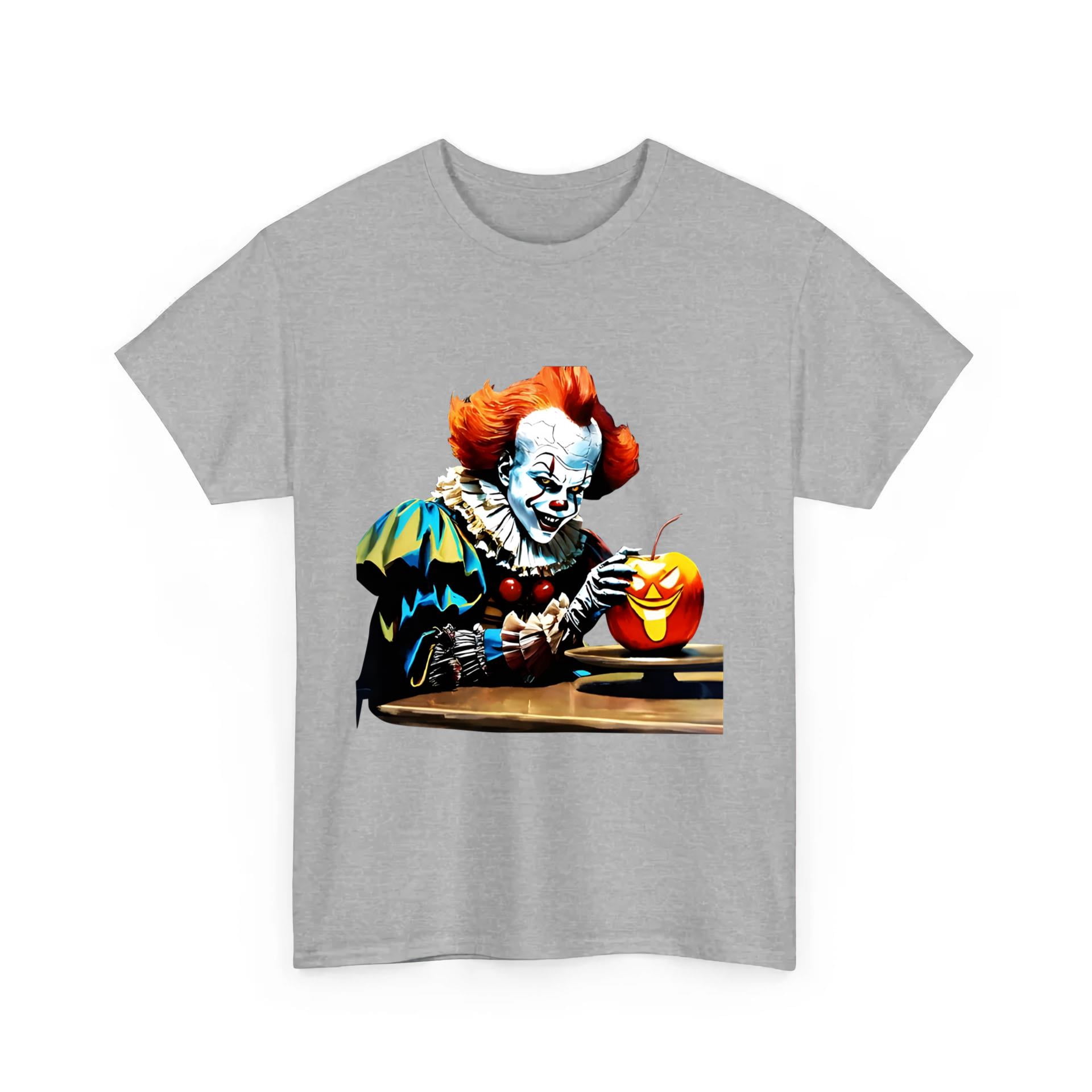 Dark Clown Holding Caramel Apple Sitting at a Table in Cityscape Shirt ...