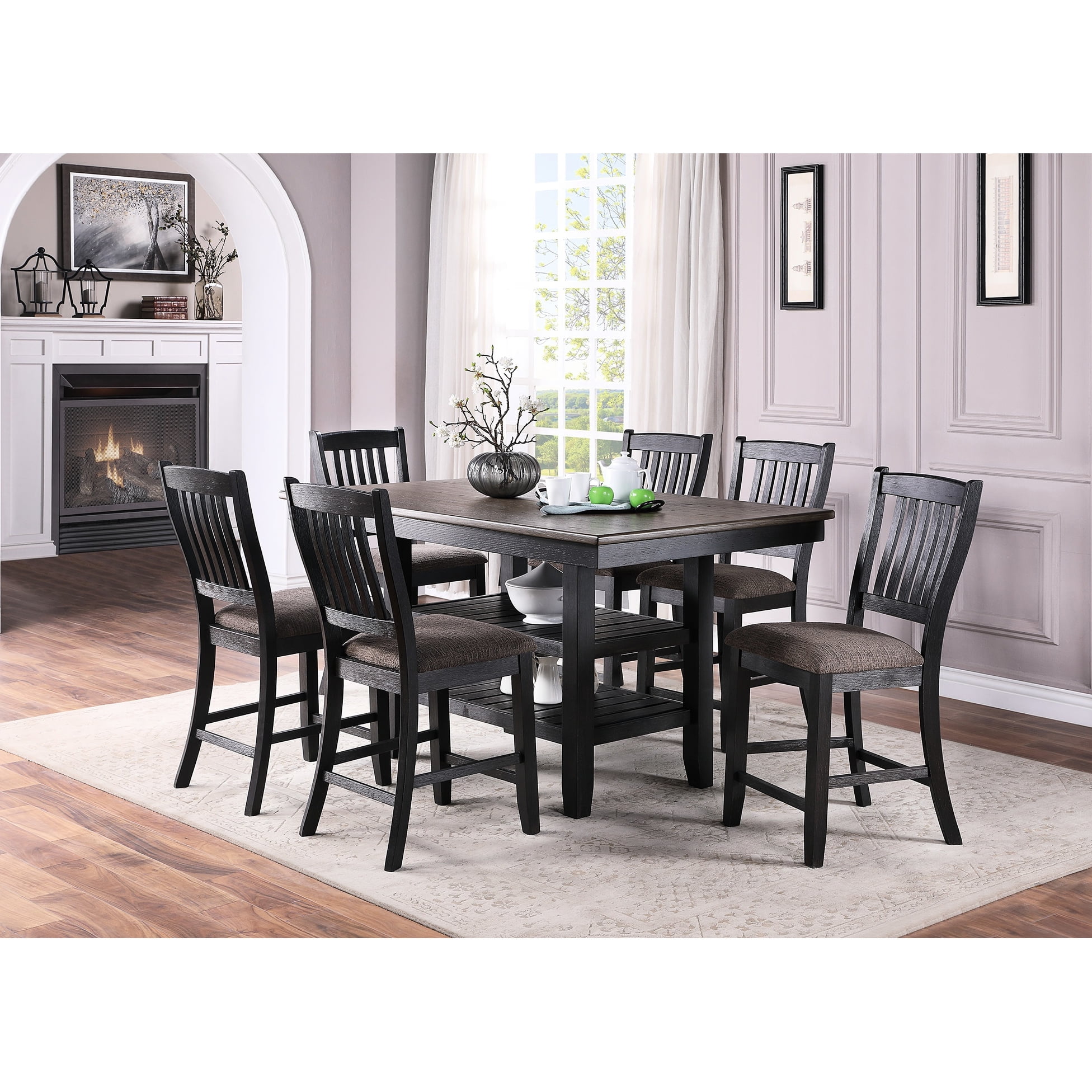 Dark Coffee Rubberwood Dining Table . 7pc Counter Height With 2 Shelves ...