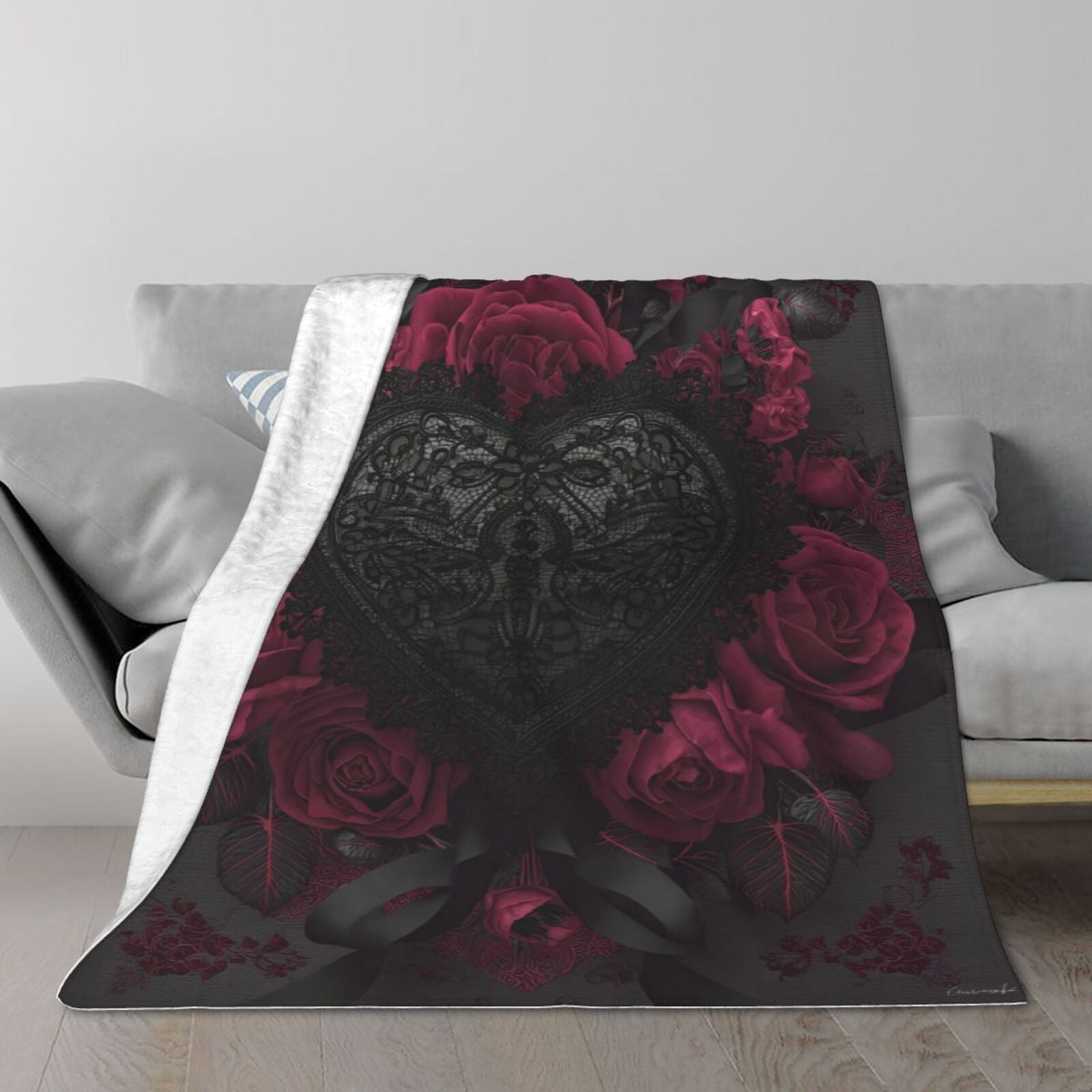 Dark Coquette Gothic Rose Throw Blanket, Black Lace Heart & Bows ...