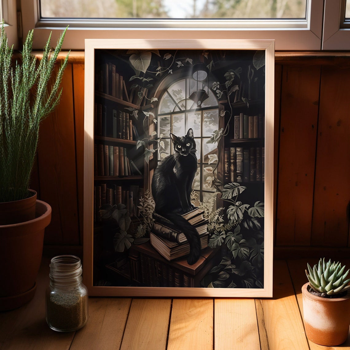 Dark Cottagecore Black Cat In Library Lady Whimsigoth Witchy Dark ...