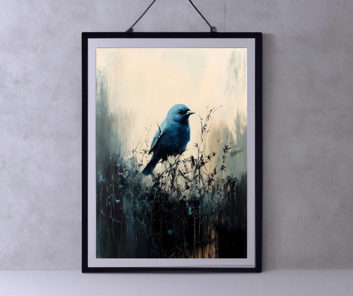 Dark Cottagecore Wall Art, Moody Bird Botanical Print, Gothic Aesthetic Decor, Vintage Blue Bird ...
