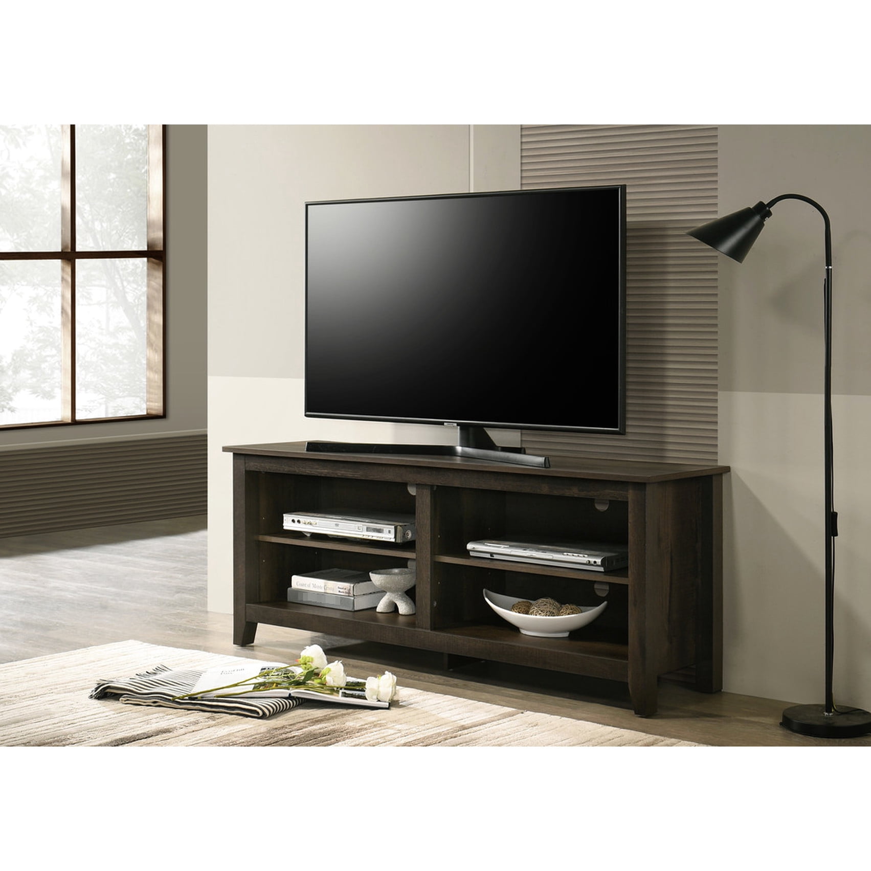 Dark Dusty Oak 58" Wide TV Stand with Cable Openings | Open ...