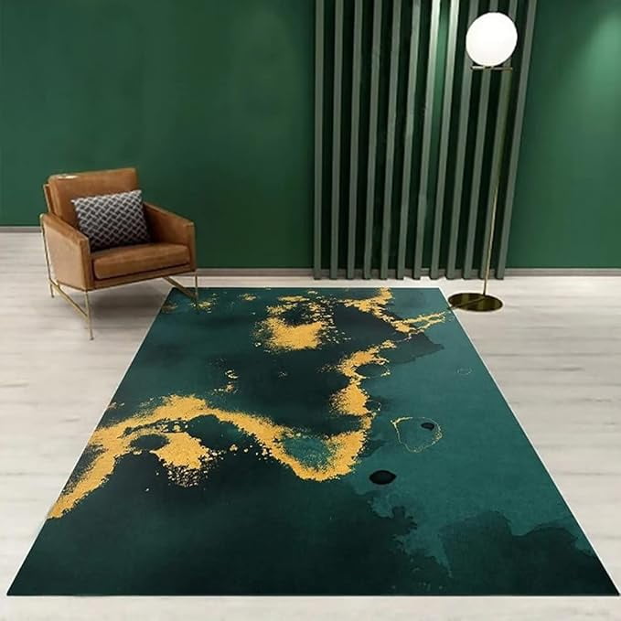 Dark Emerald Green And Gold Abstract Rugs For Living Room Modern Marble ...