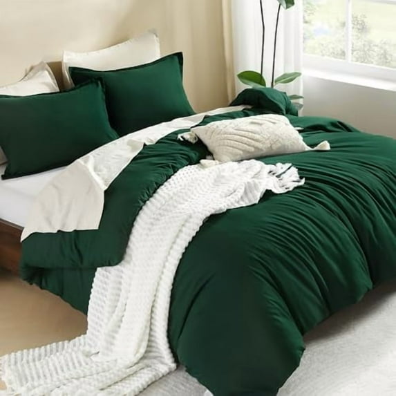 Dark Emerald Green Full Comforter Set, 3 Pieces Solid Forest Bedding ...