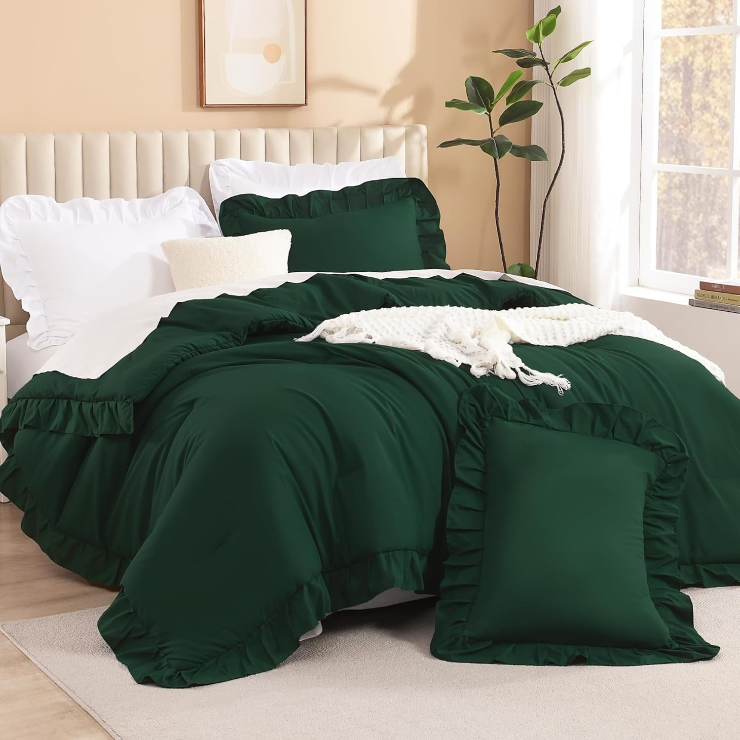 Dark Emerald Green Queen Comforter Set, 3-Piece Boho Vintage Solid ...