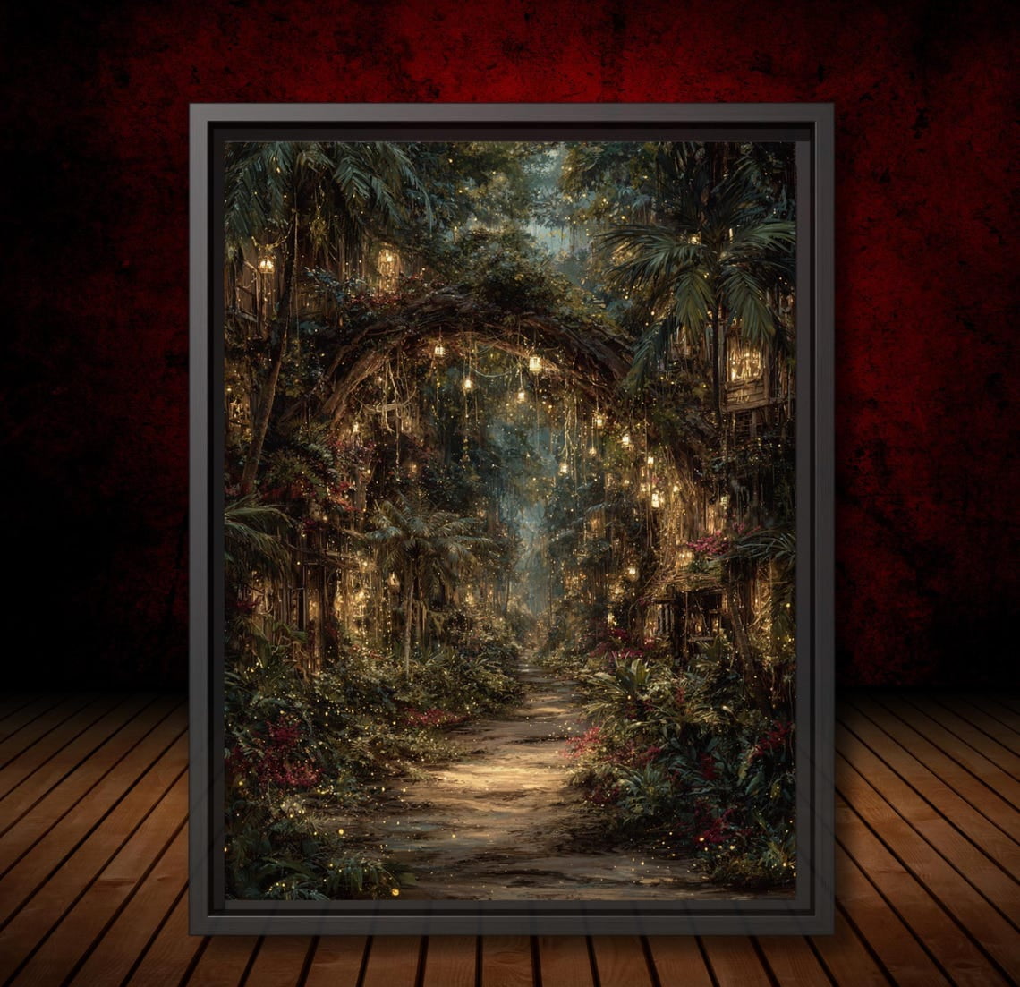 Dark Enchanted Jungle Forest Path Wall Art Poster Gothic Hanging Lanterns Artwork, Moody ...
