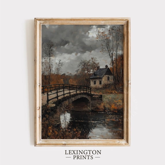 Dark Fall Farmhouse River Landscape Art, Unframed Paper Print Size 8x12 ...