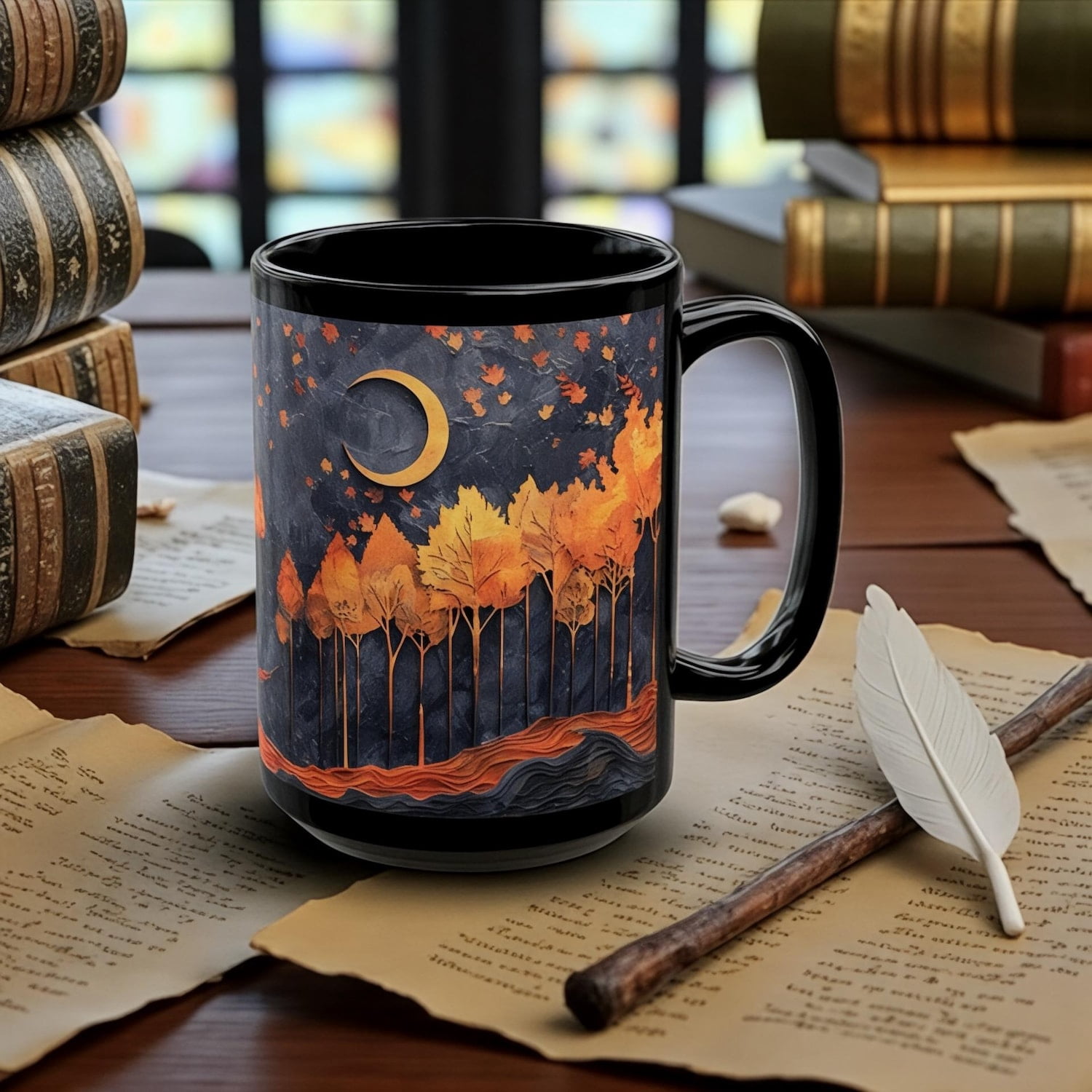 Dark Fall Forest Coffee Cup Moody Autumn Crescent Moon Mug Black ...