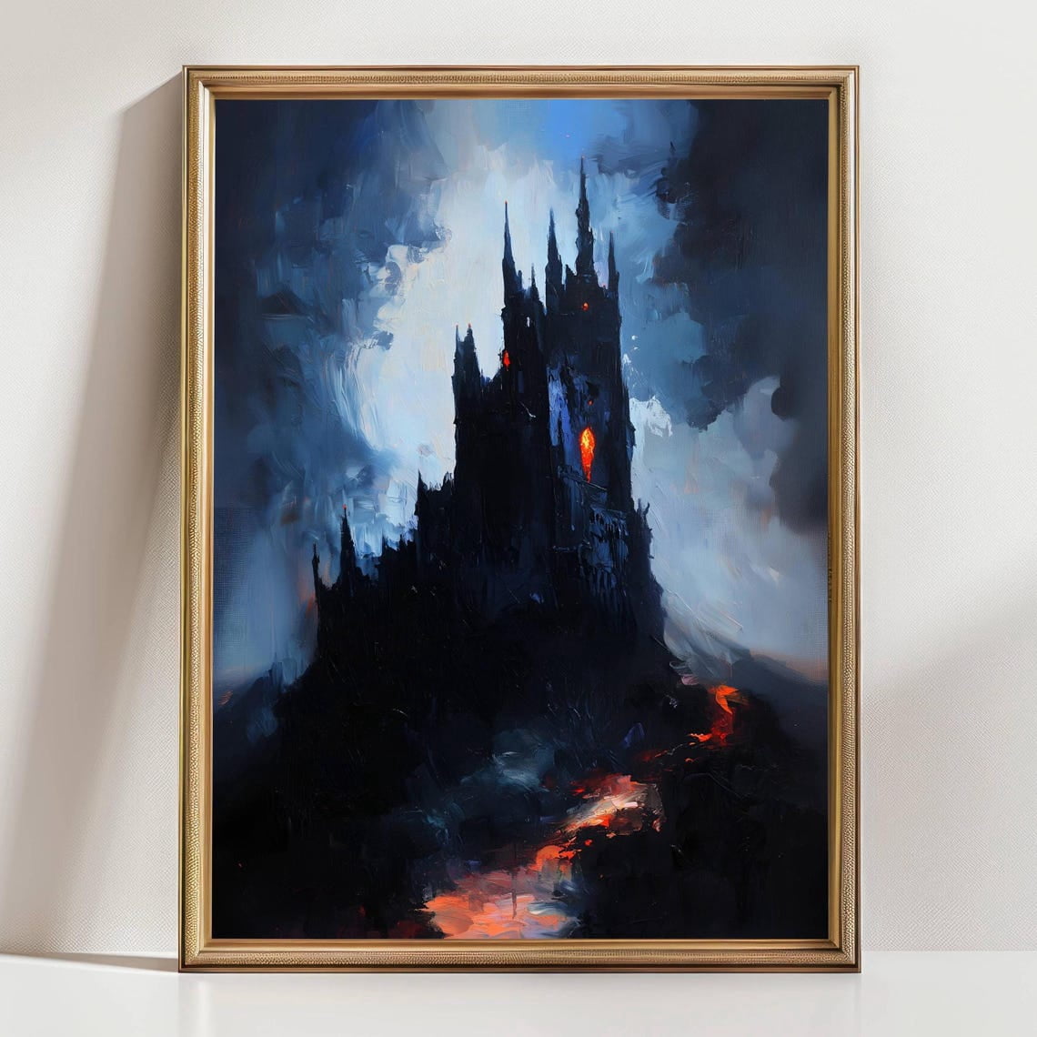 Dark Fantasy Castle Wall Art Print – Gothic Fortress On Fire-Lit Path ...