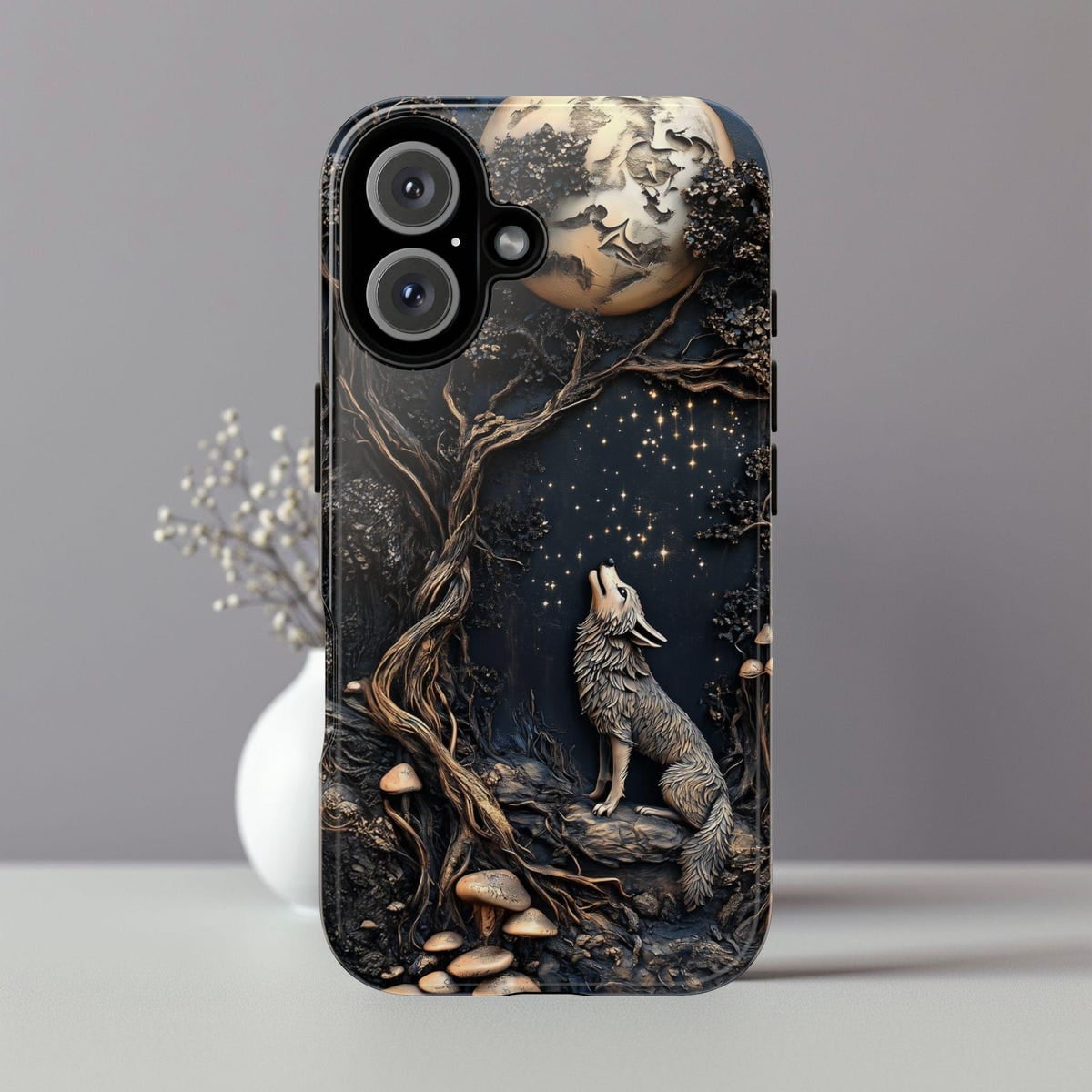 Dark Fantasy Forest MagSafe Case with a Celestial Howling Wolf and Moon ...