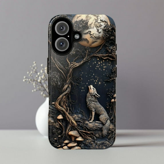 Dark Fantasy Forest MagSafe Case with a Celestial Howling Wolf and Moon ...
