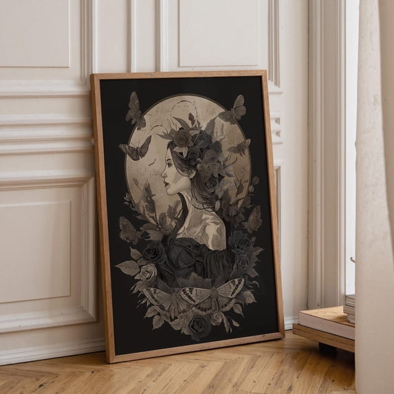 Dark Feminine Gothic Moonlit Woman Moth Dark Academia Floral Portrait ...