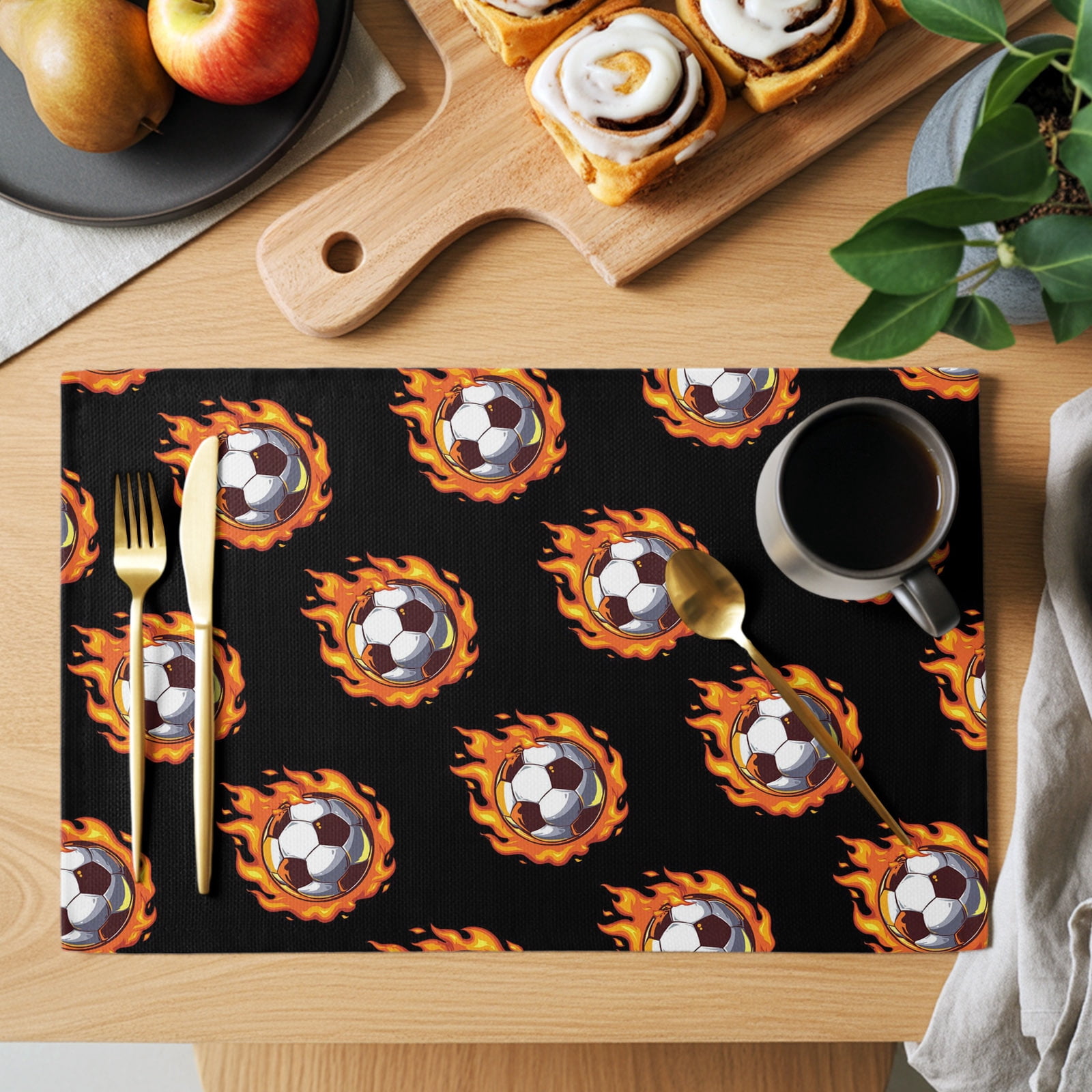 Dark Flaming Soccer Placemats Set of 4, Sports Orange Yellow Soccer ...