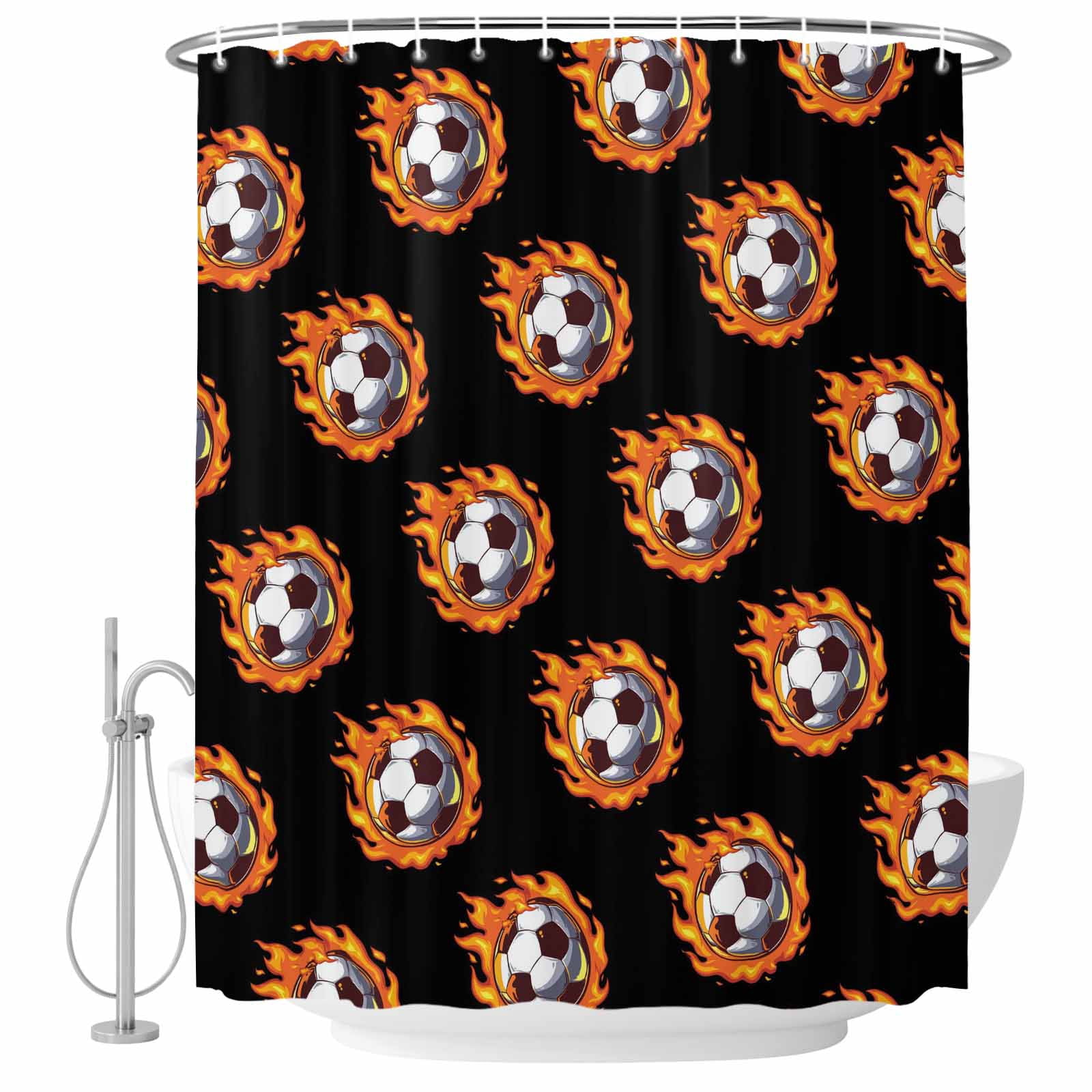 Dark Flaming Soccer Shower Curtain Set with Hooks, Sports Orange Yellow ...