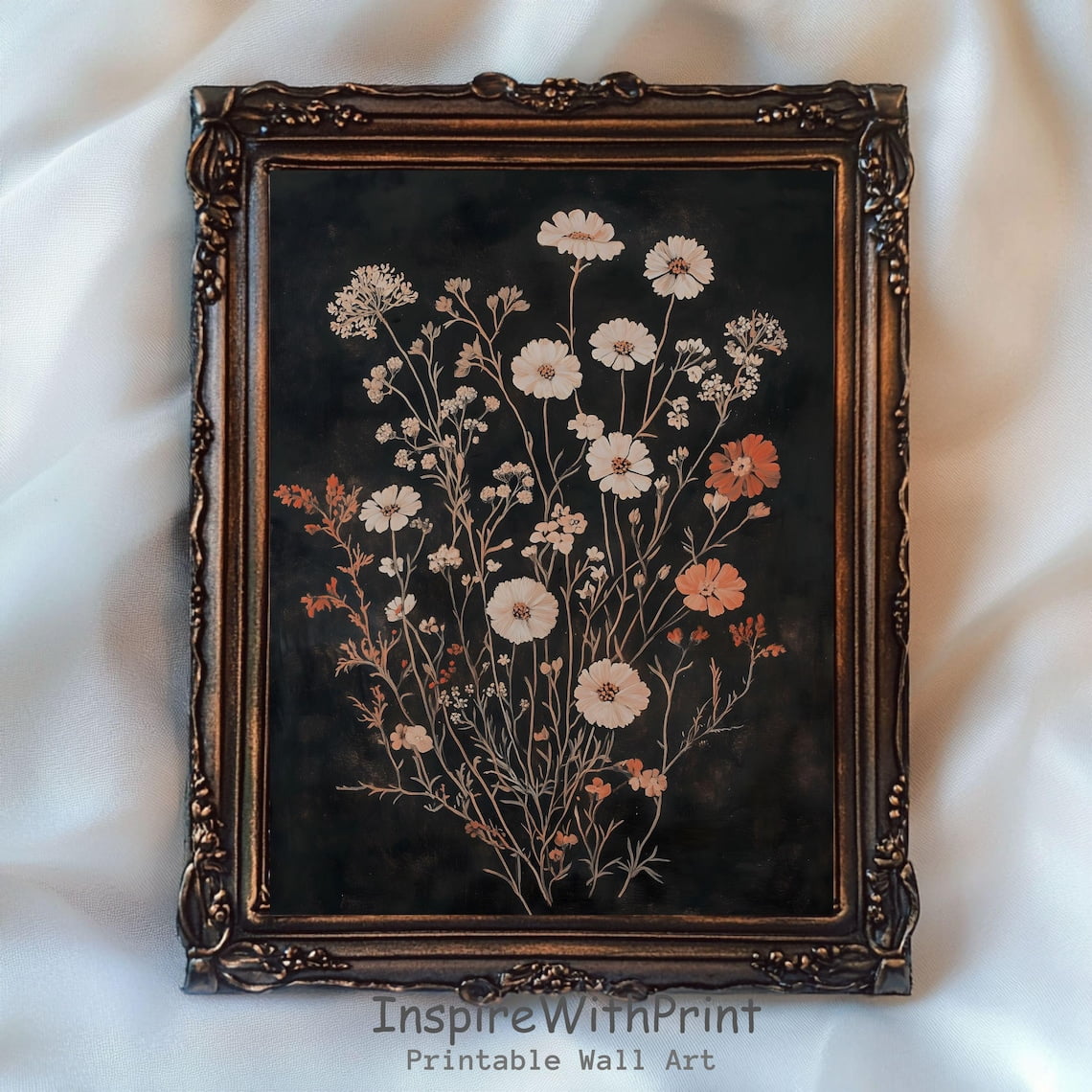 Dark Floral Art, Boho Flower Neutral Print, Antique Wall Art, Unframed ...