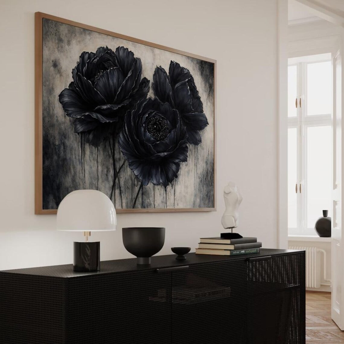 Dark Floral Black Flower Painting Moody Botanical Illustration Modern ...
