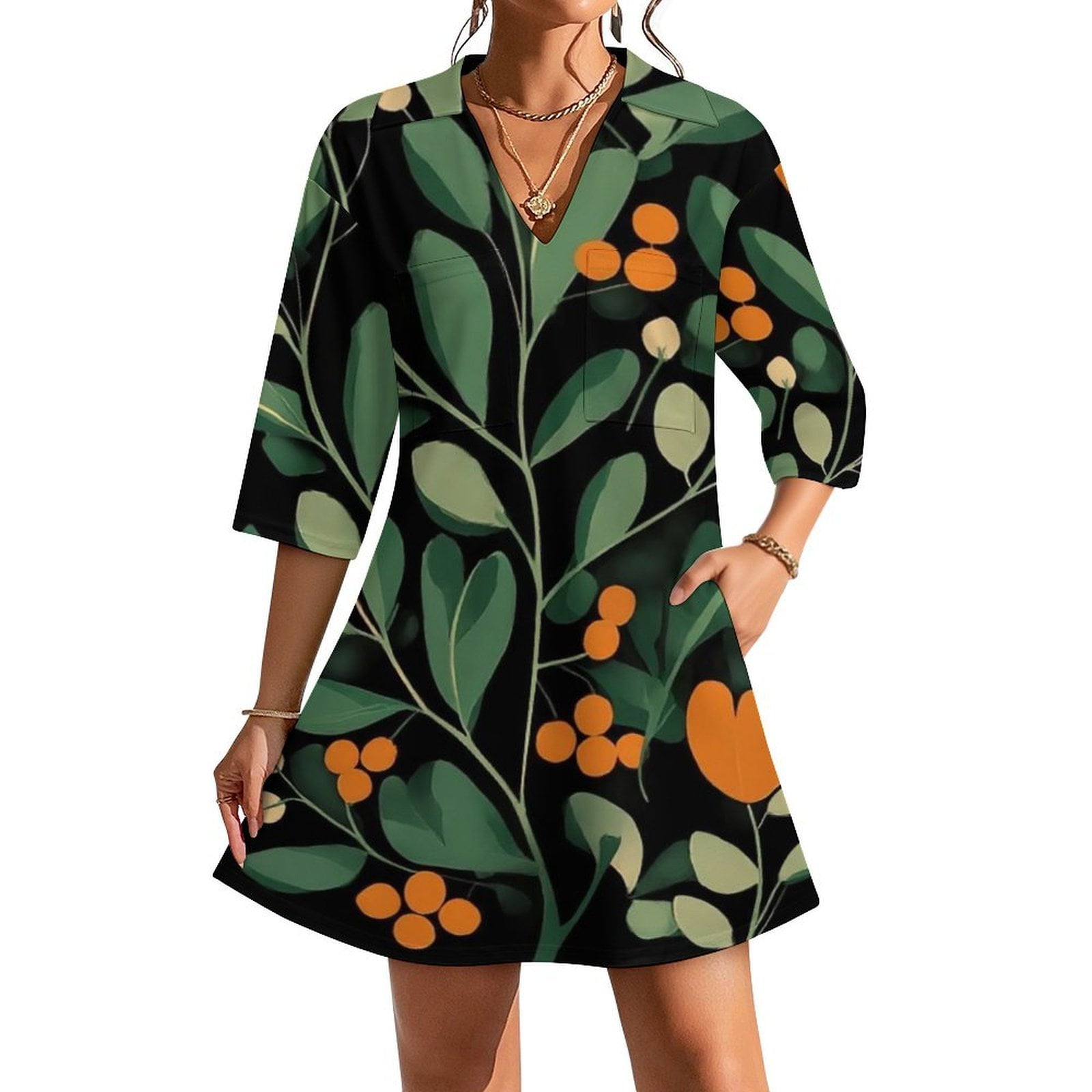 Dark Floral Botanical Art Print Womens Dress With Pockets Summer V Neck ...