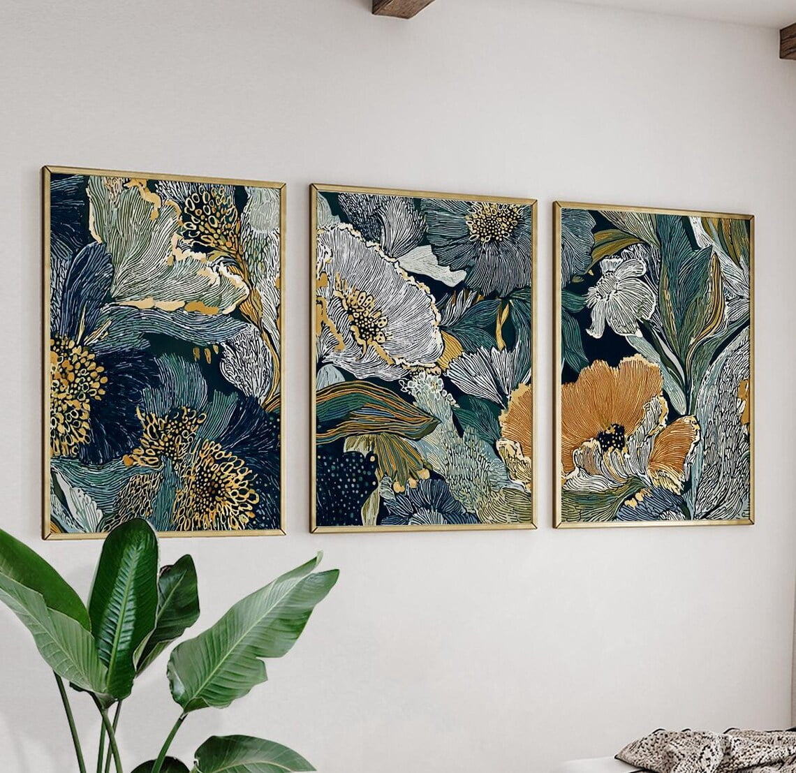 Dark Floral Botanical Navy Gold Flower Triptych Wall Decor Art Set 3 ...