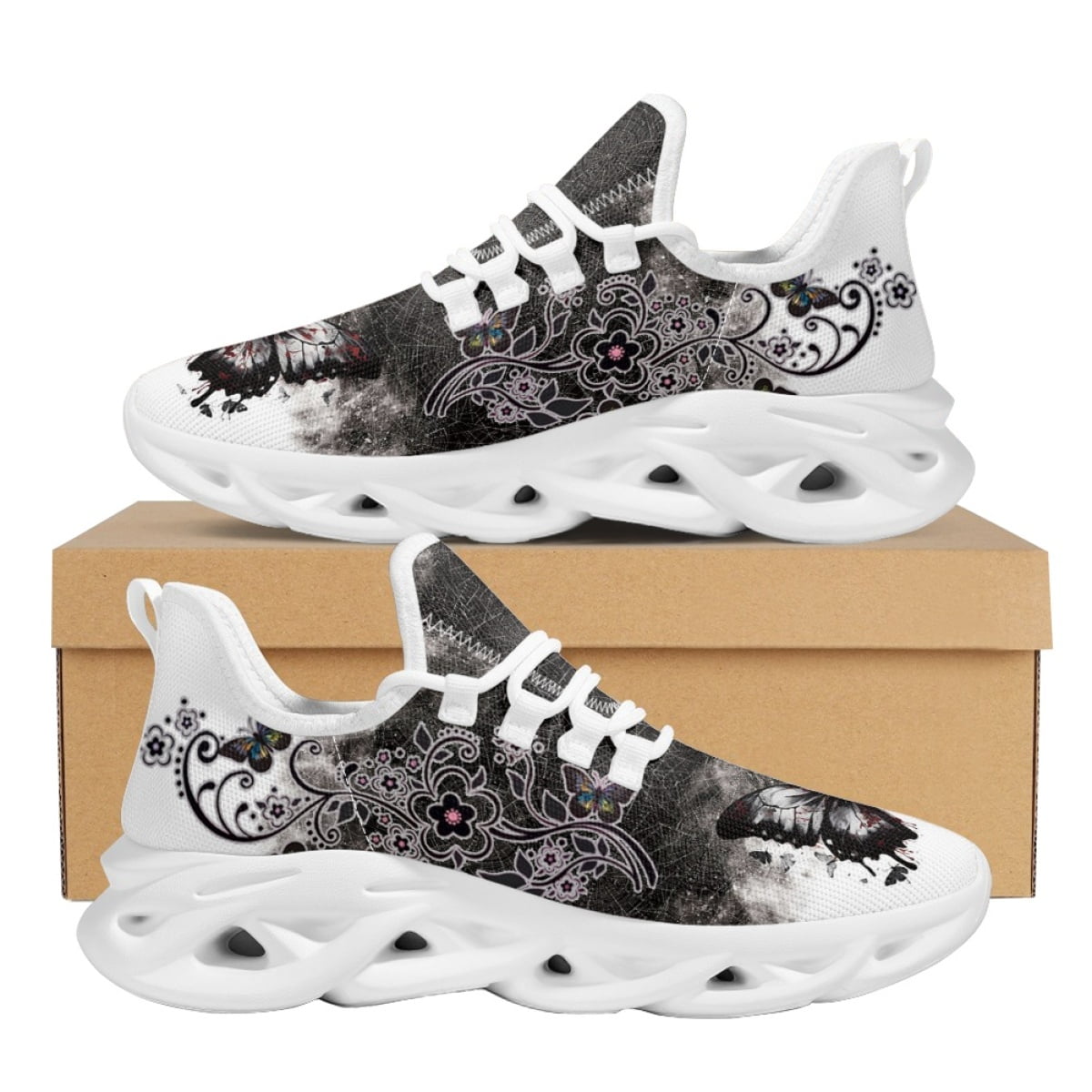 Dark Floral Butterflies Mesh Shoes for Ladies Summer Breathable Running ...