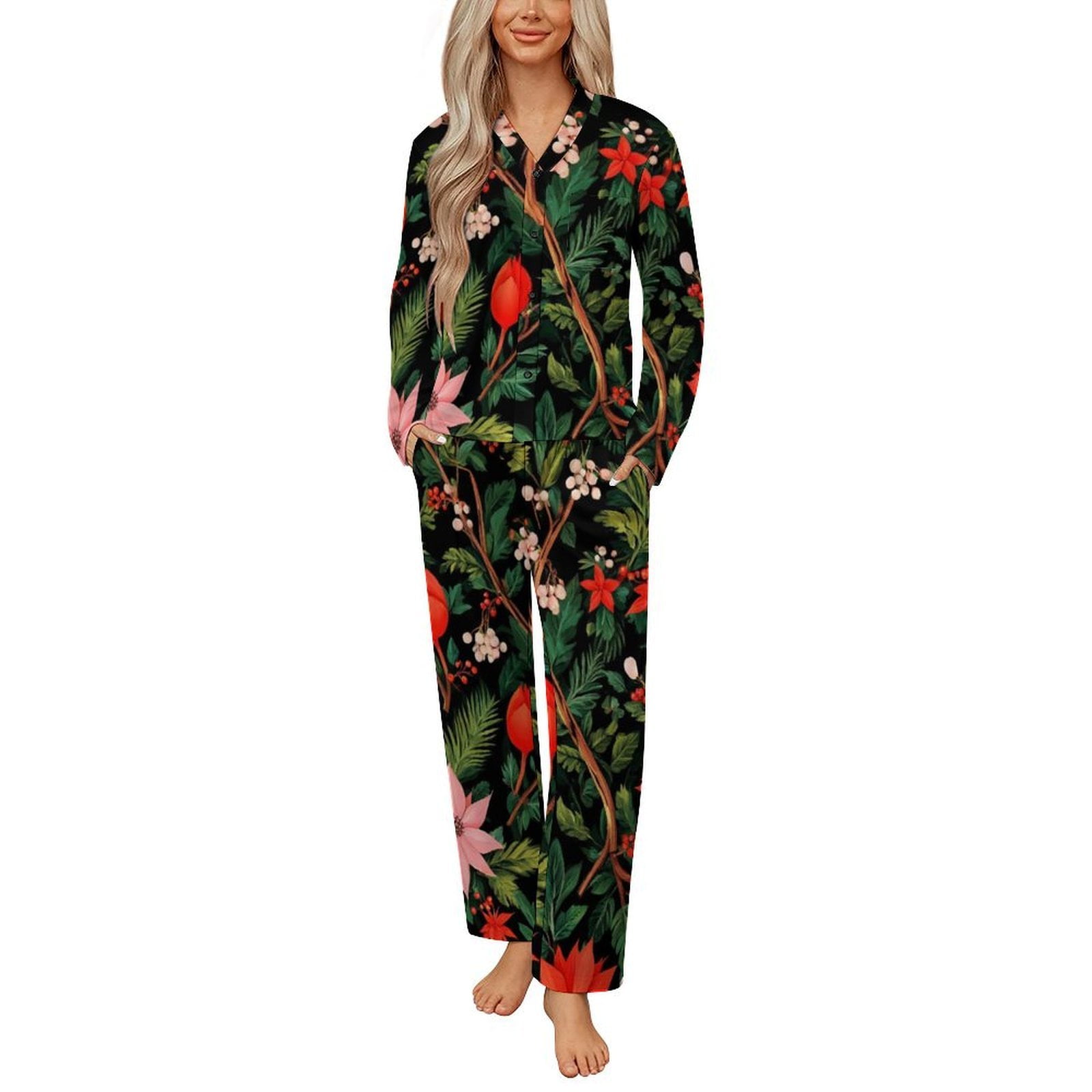 Dark Floral Christmas Poinsettia Print Womens Pyjamas Set Button Up ...