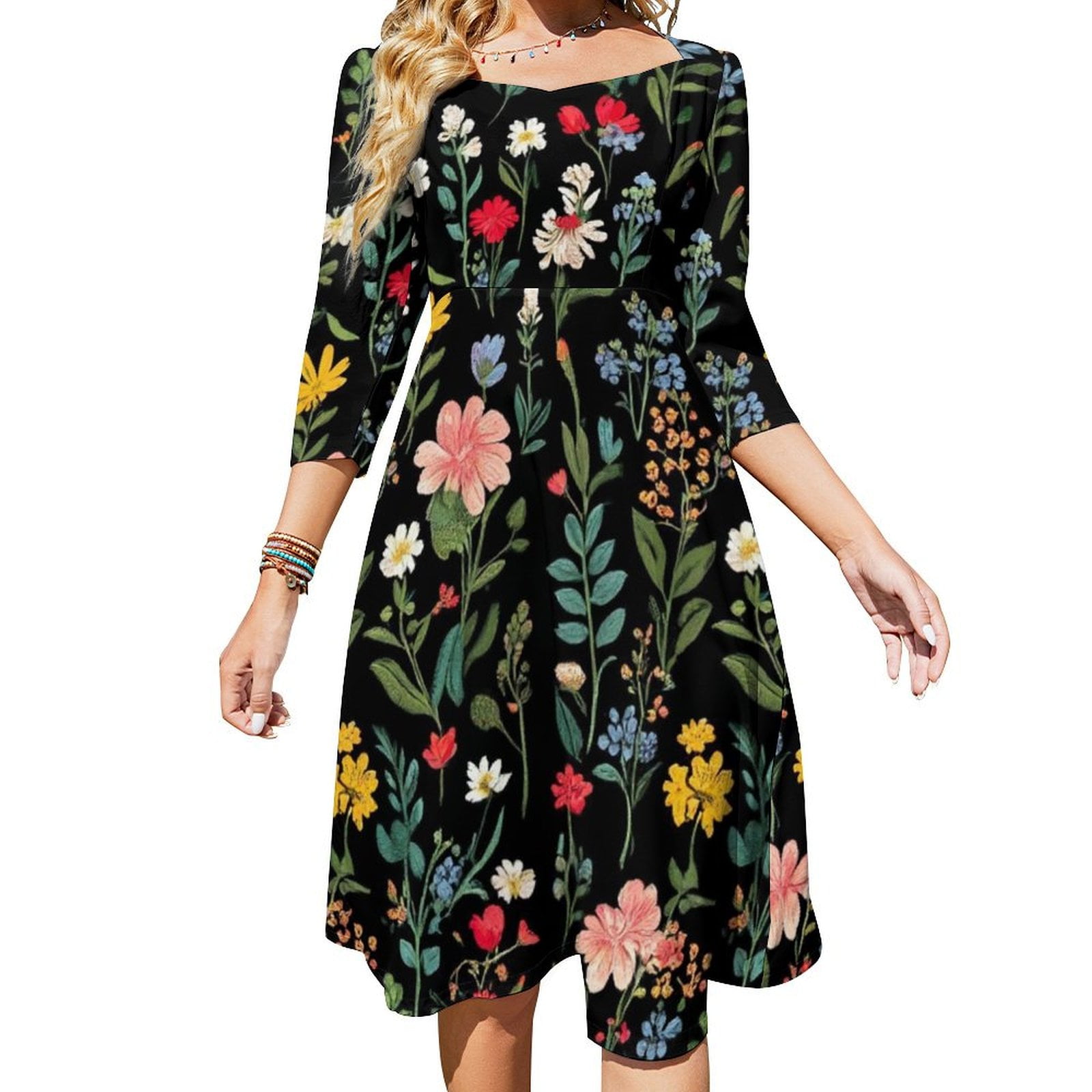 Dark Floral Embroidered Repeat Pattern Flare Dress Square Neck Dress ...