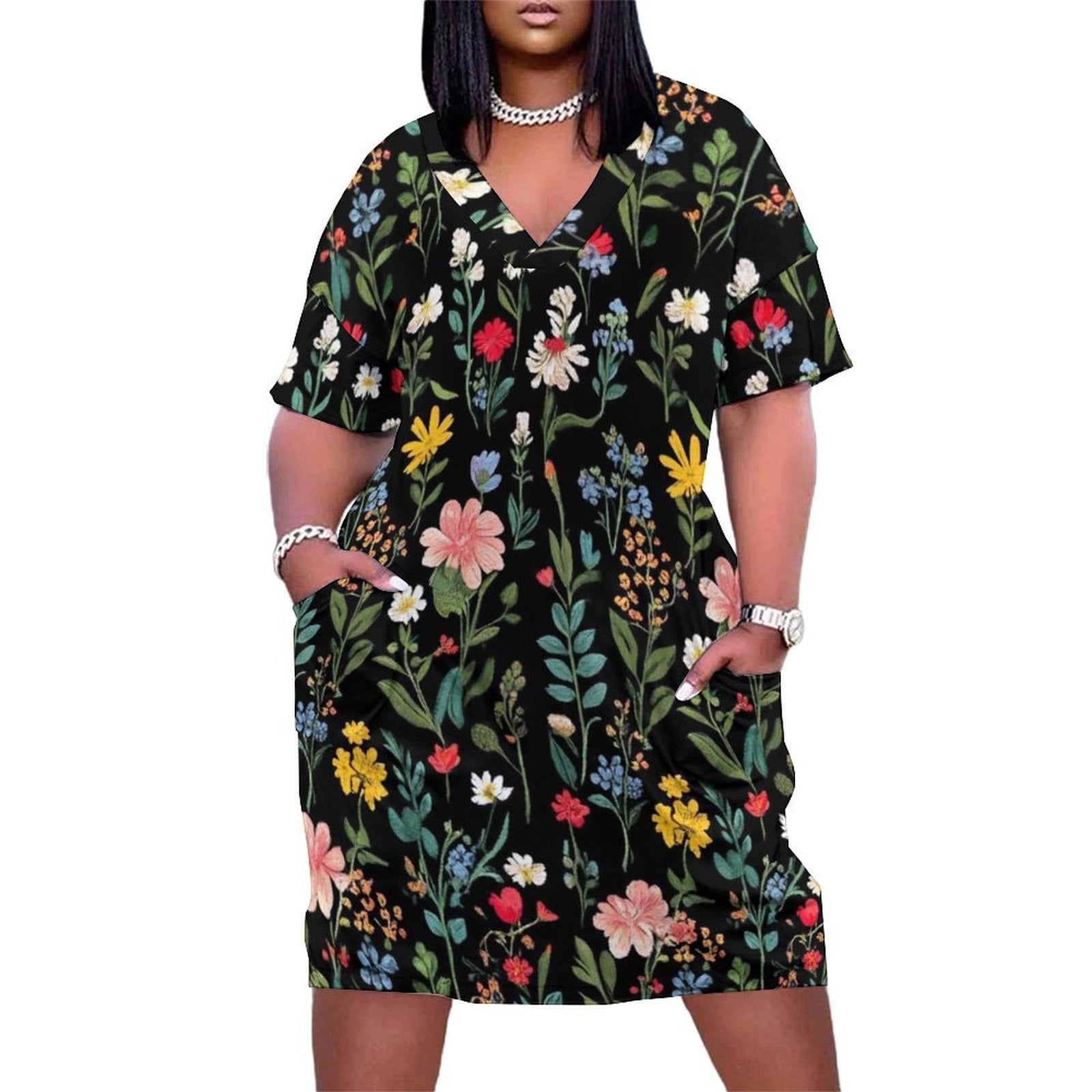 Dark Floral Embroidered Repeat Pattern Loose Pocket Dress Dresses ...