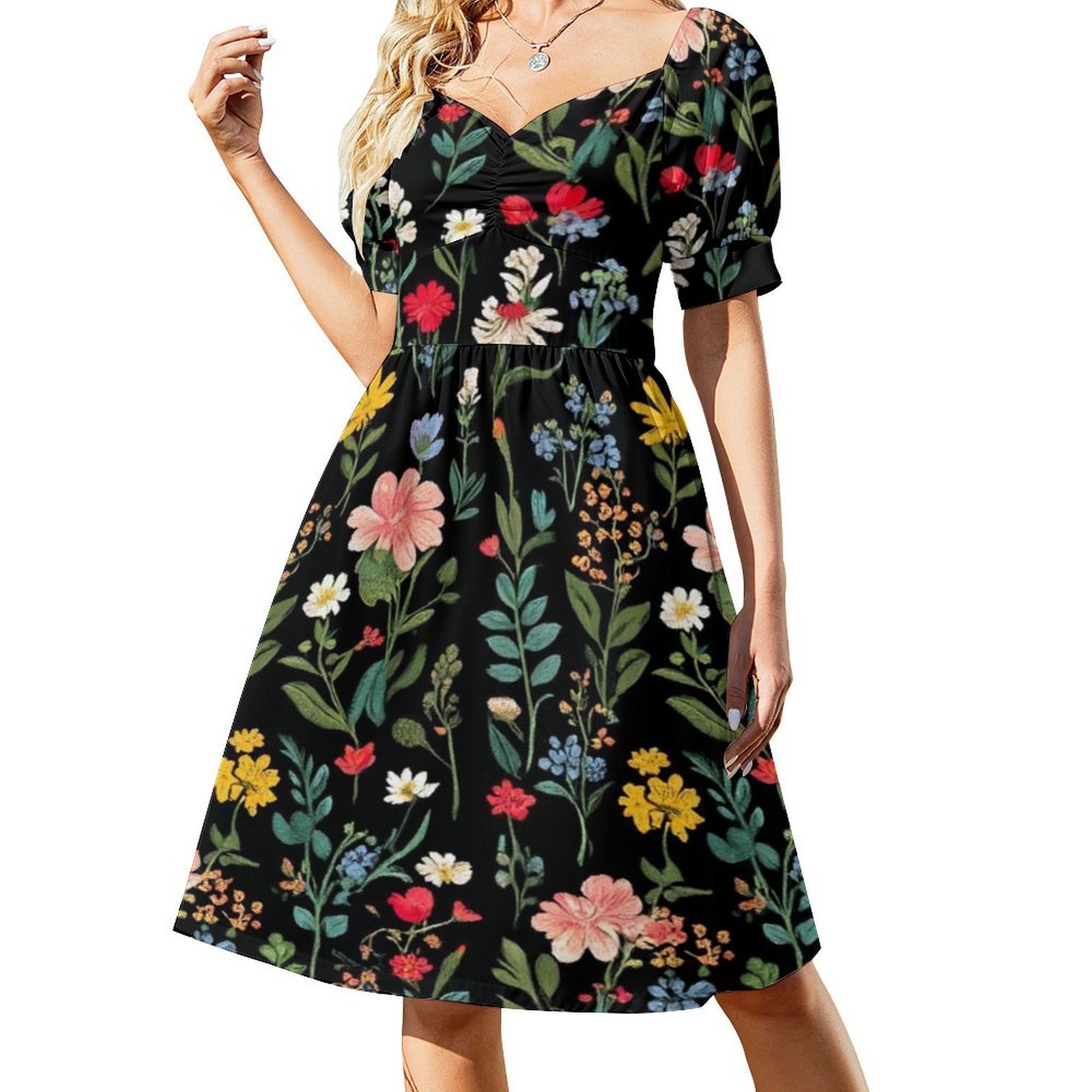 Dark Floral Embroidered Repeat Pattern Short Sleeve Dress Clothes Women ...