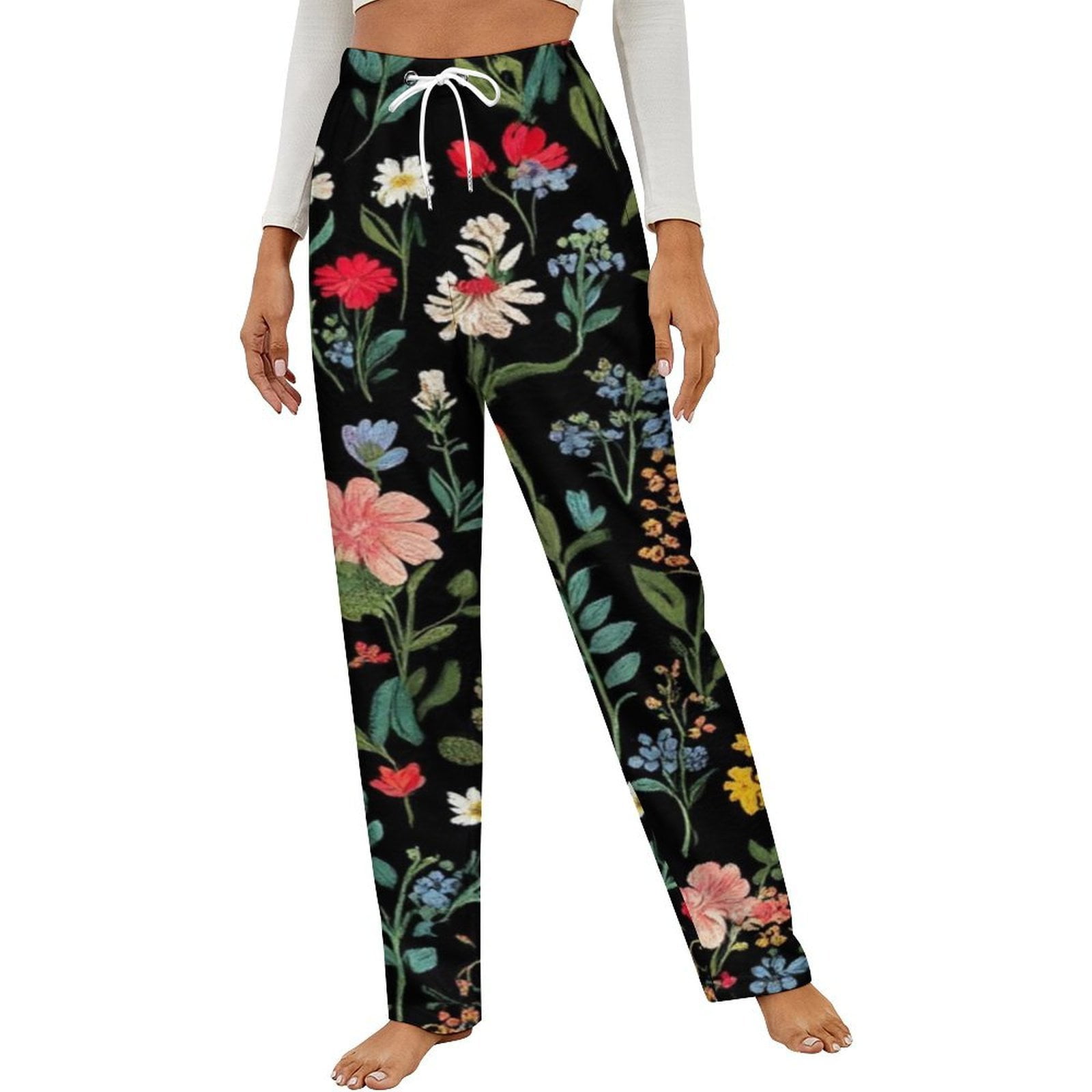 Dark Floral Embroidered Repeat Pattern Winter Female Pants Flannel High ...