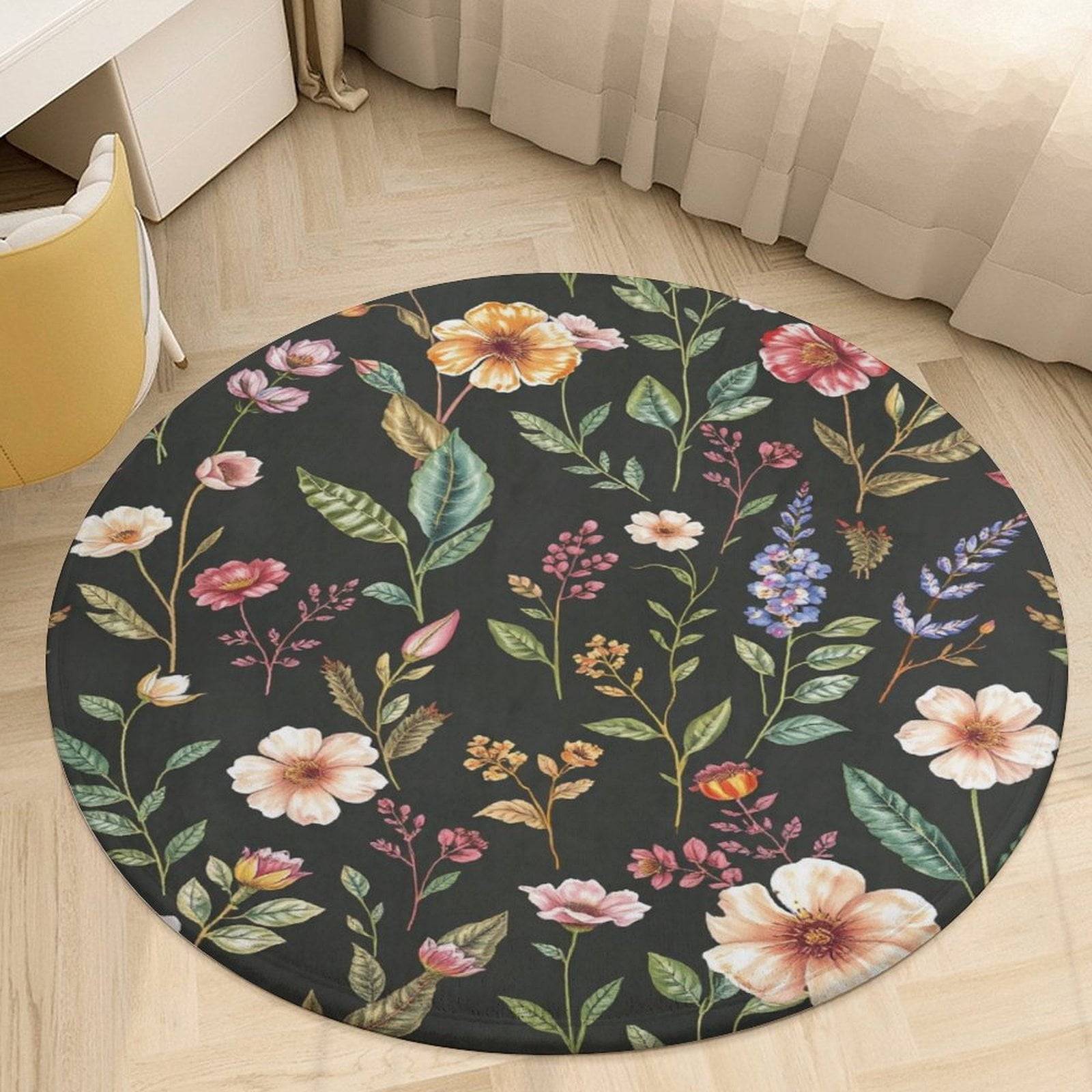 Dark Floral Pattern Round Rugs Non-slip Area Rug for Living Room ...
