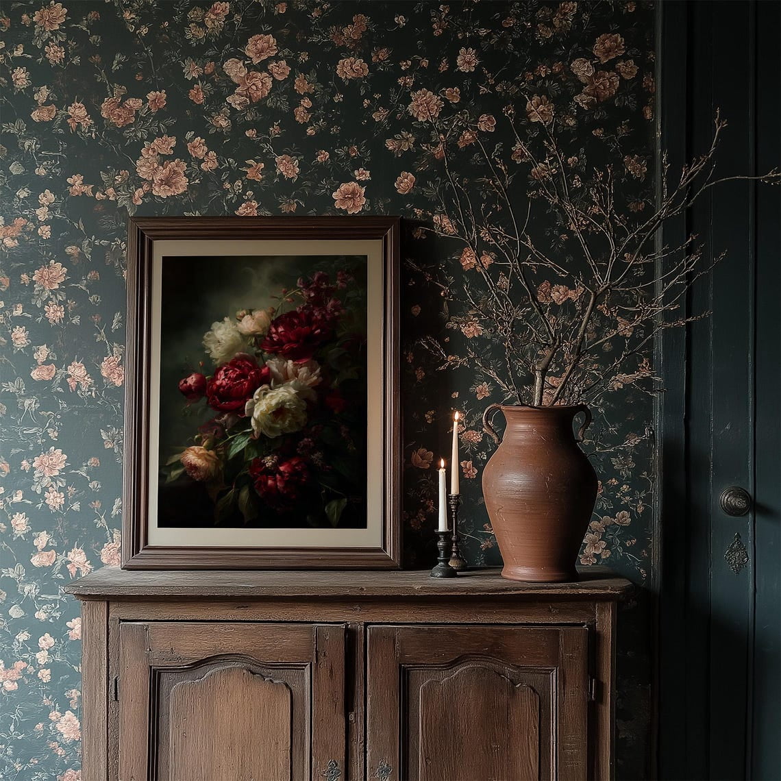 Dark Floral Peony Bouquet Art Print, Baroque Flower Poster, Unframed ...