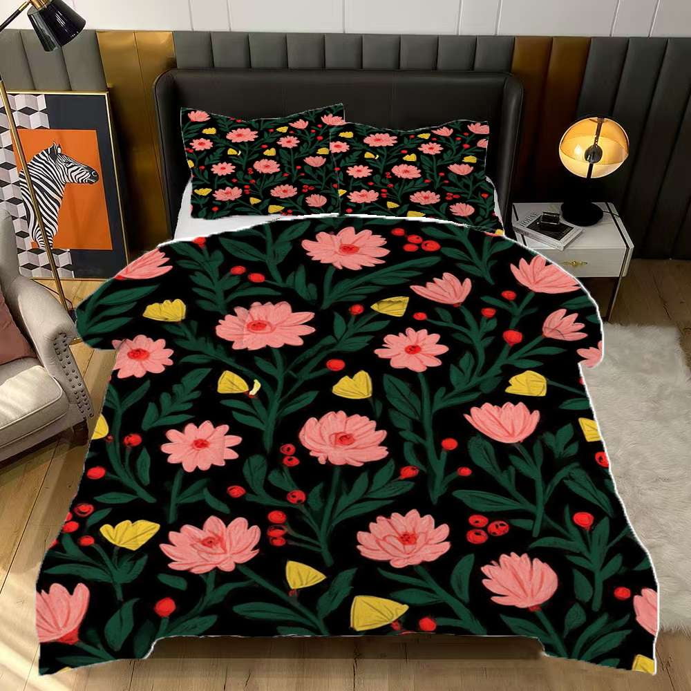Dark Floral Pretty Pink Pattern Design Comforter Set Queen Size Bedding ...