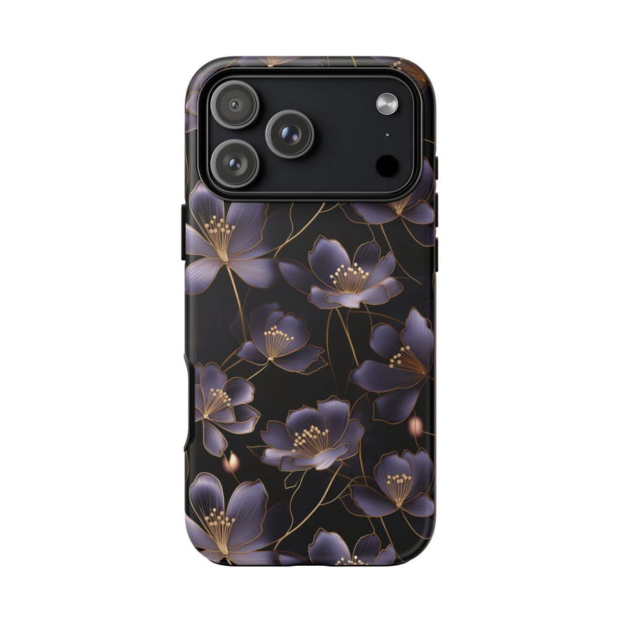 Dark Floral Purple Gold Luxury Case for iPhone 11 12 13 14 15 16 17 Pro ...