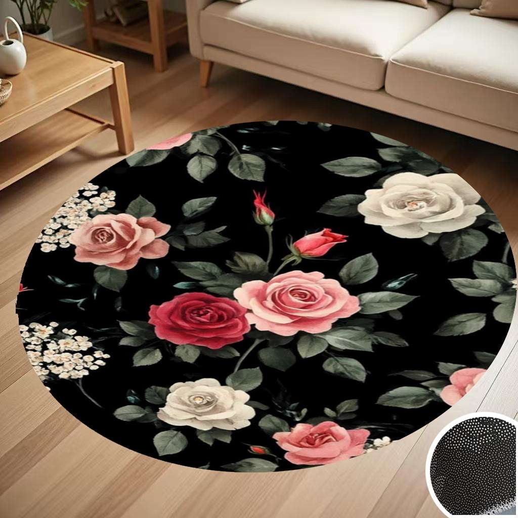 Dark Floral Rose Pattern Repeat Round Carpet Living Room Bedroom Home ...