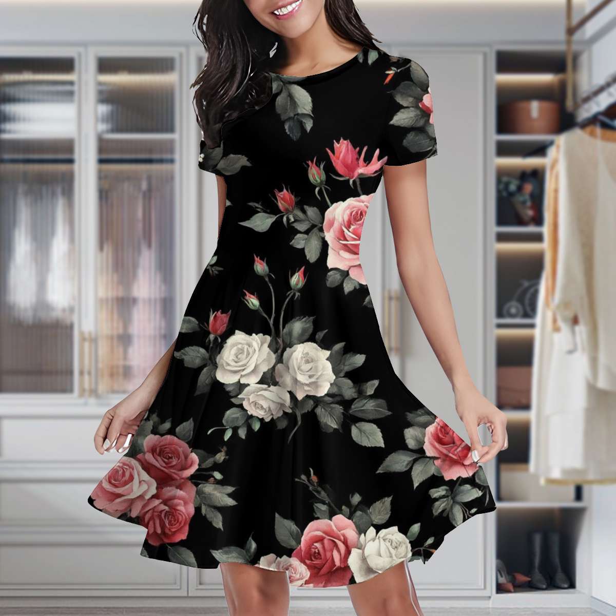 Dark Floral Rose Pattern Repeat Women's Classic Swing Skater Dress ...